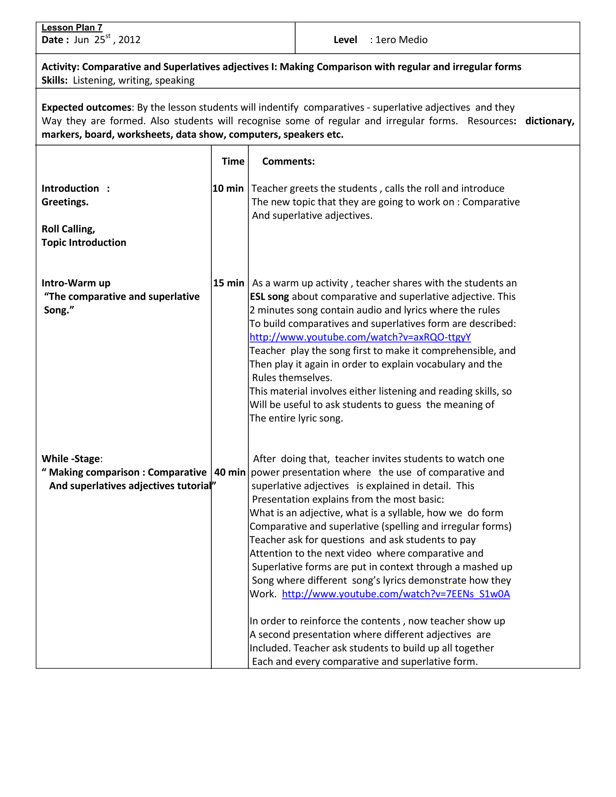 Lesson plan 7 comparative and superlatives 1ero medio | DOCX