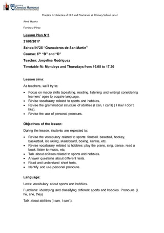 Lesson plan 8 - Sports and Hobbies | PDF