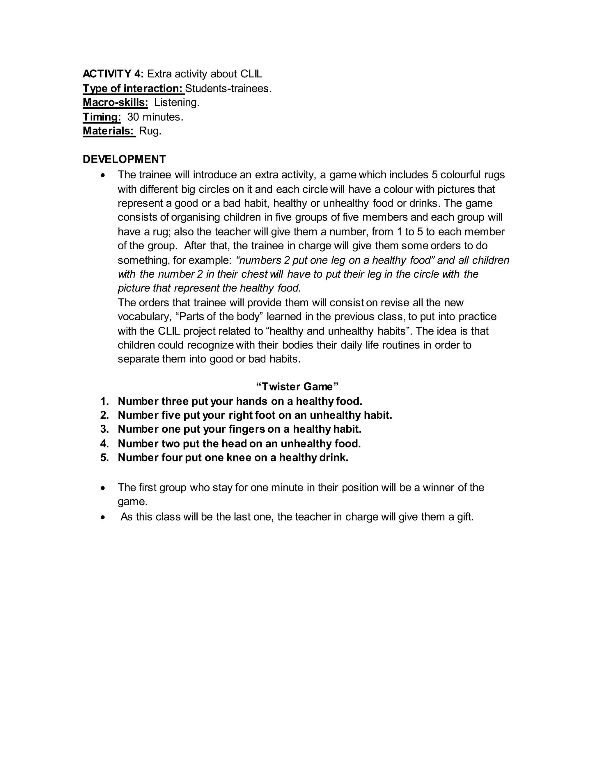 Lesson plan 8 clil project | DOCX | Children\'s Health | Healthy Living