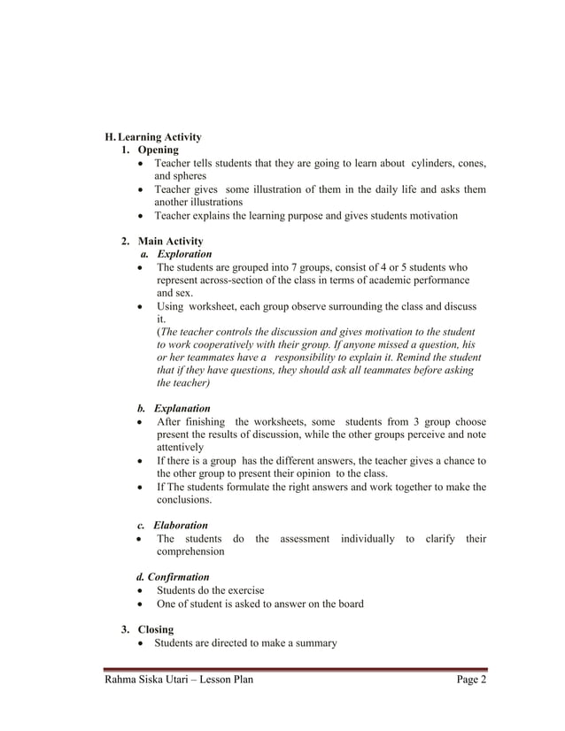 Lesson plan 9th grade junior high school | DOCX