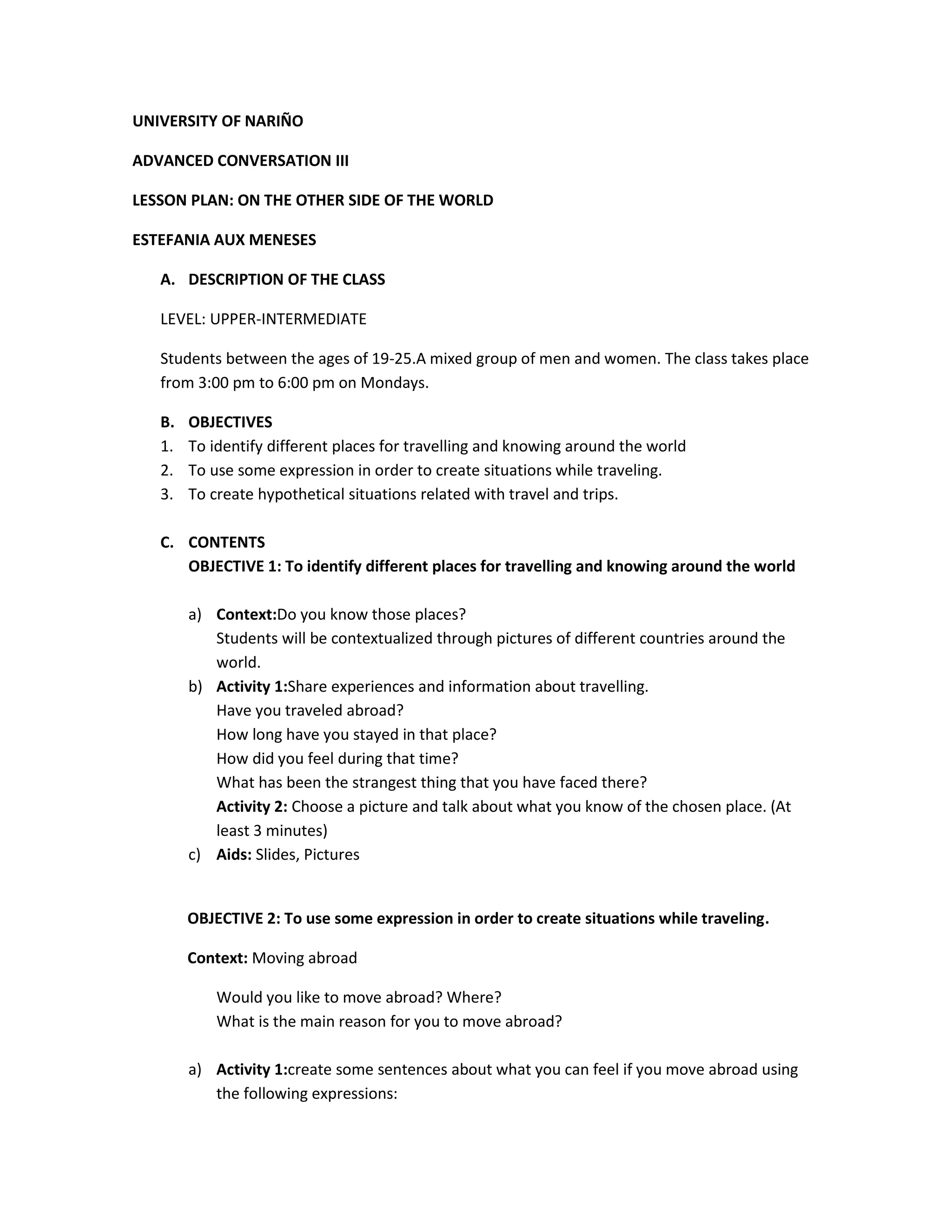 Lesson plan advanced conversation 3 | DOCX | Travel Preparation and Advice | Travel