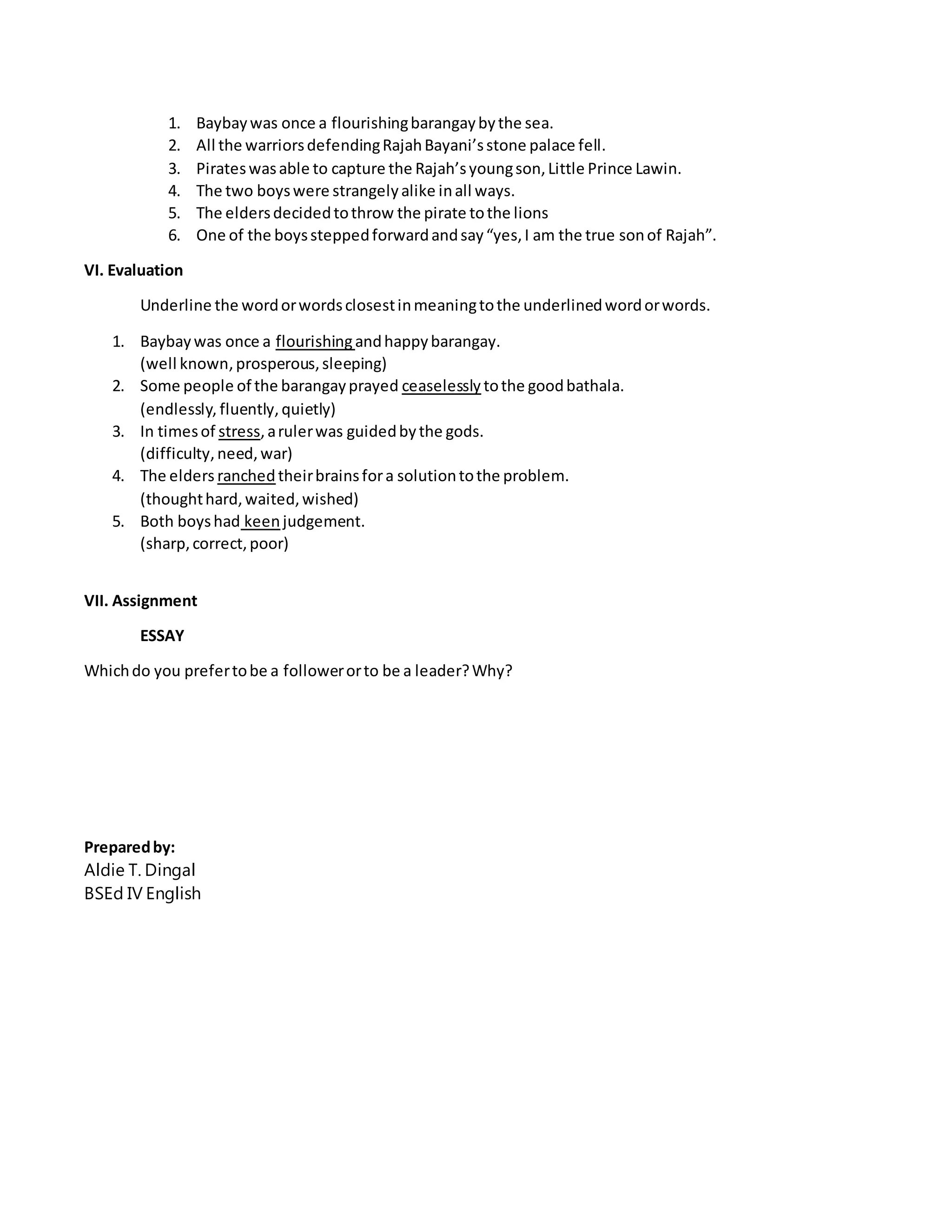 Aldie detailed lesson plans part 1 | DOCX