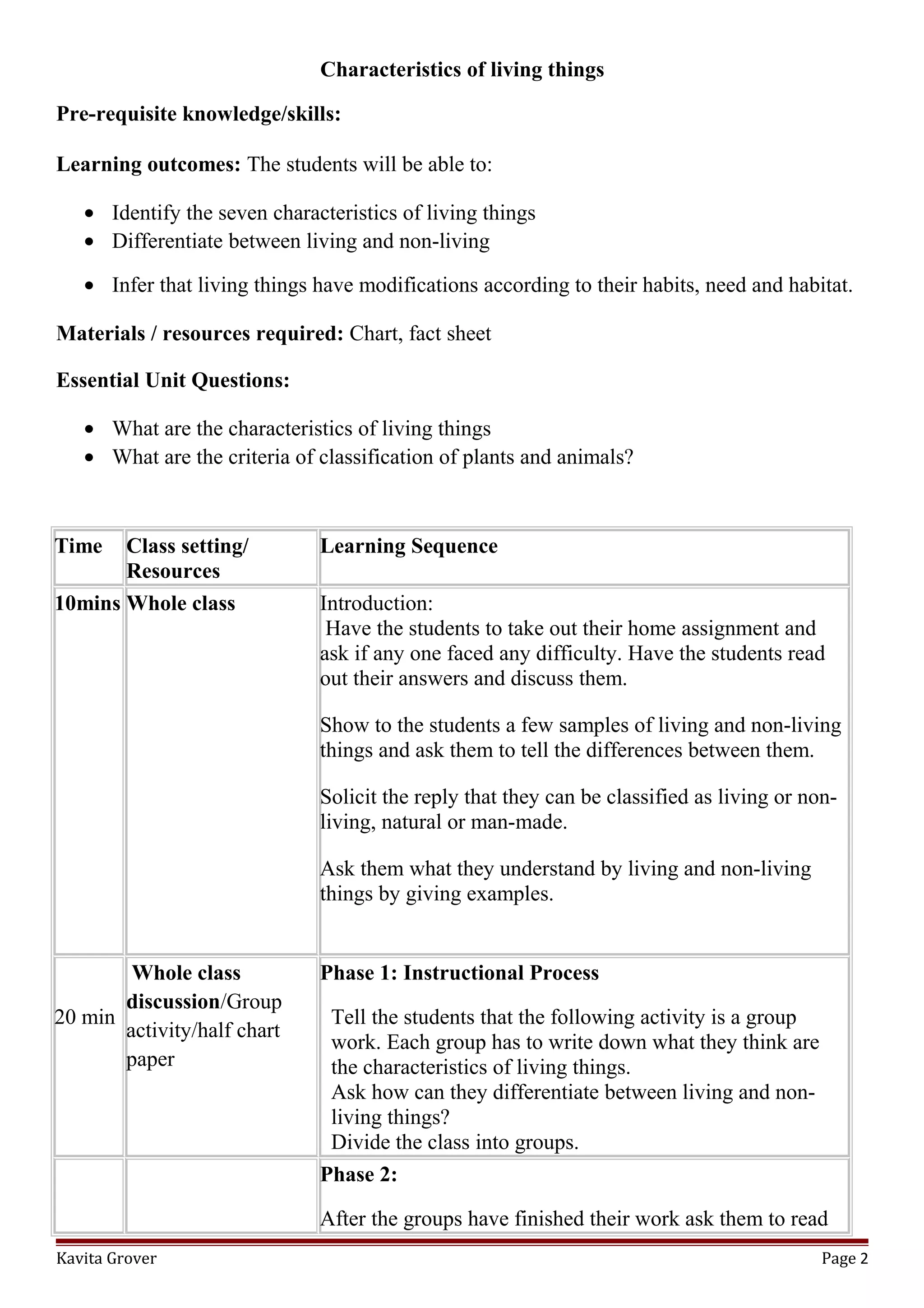 Lesson Plan and Worksheets on Characteristics of Living Lhings | DOC