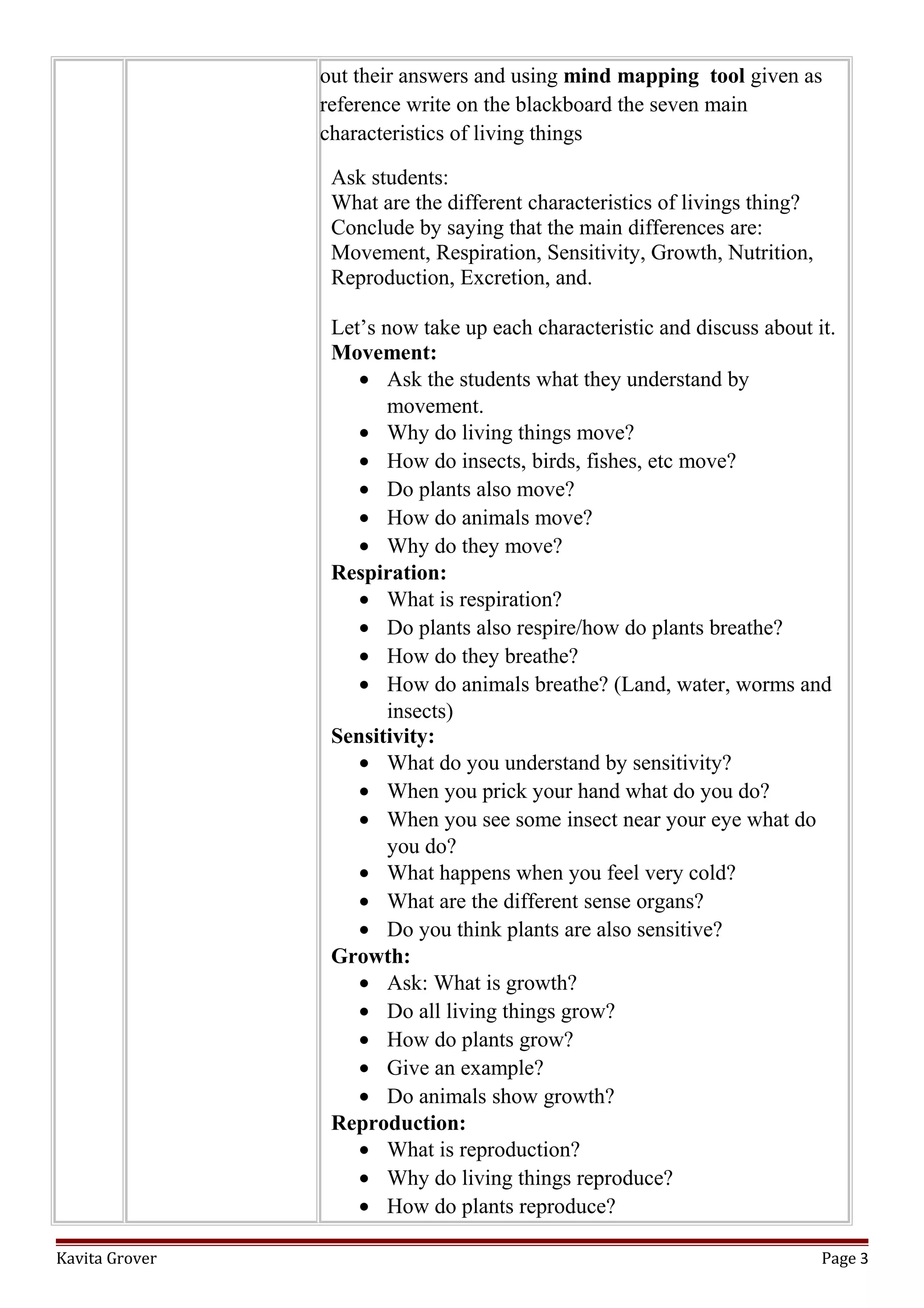 Lesson Plan and Worksheets on Characteristics of Living Lhings | DOC