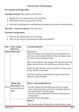 Lesson Plan and Worksheets on Characteristics of Living Lhings | DOC