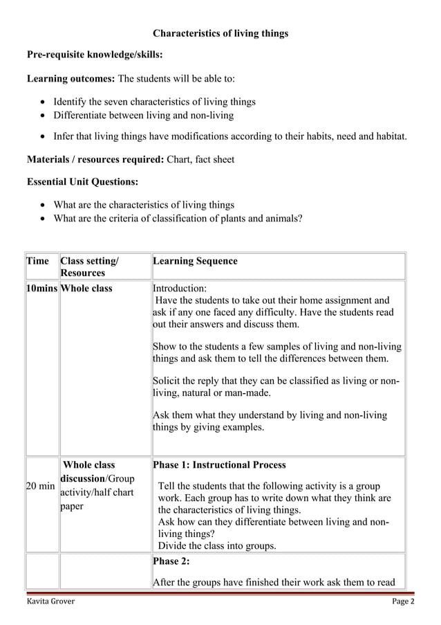 Lesson Plan and Worksheets on Characteristics of Living Lhings | DOC