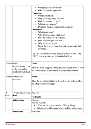 Lesson Plan and Worksheets on Characteristics of Living Lhings | DOC
