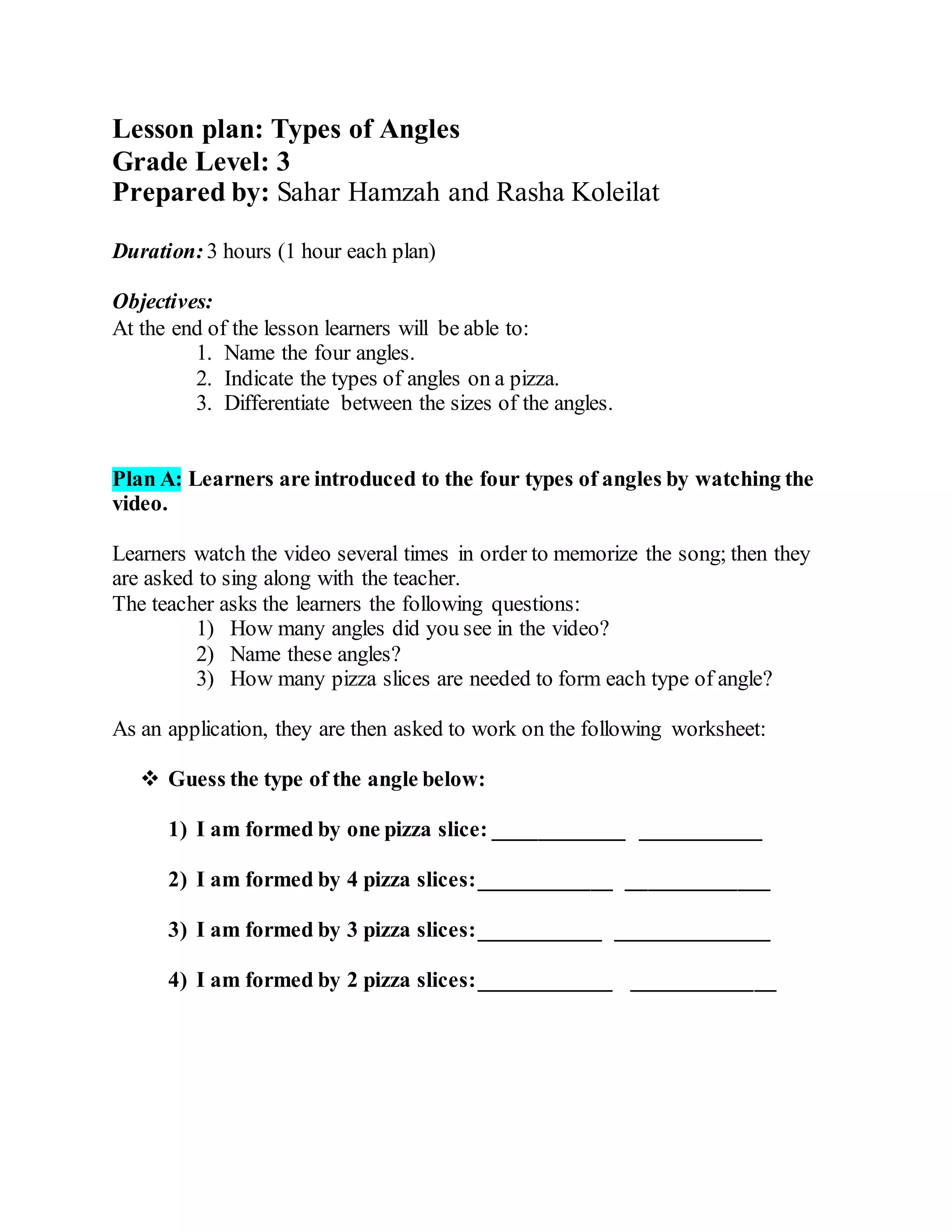Types of Angles Lesson Plan - Grade Level 3 | DOCX