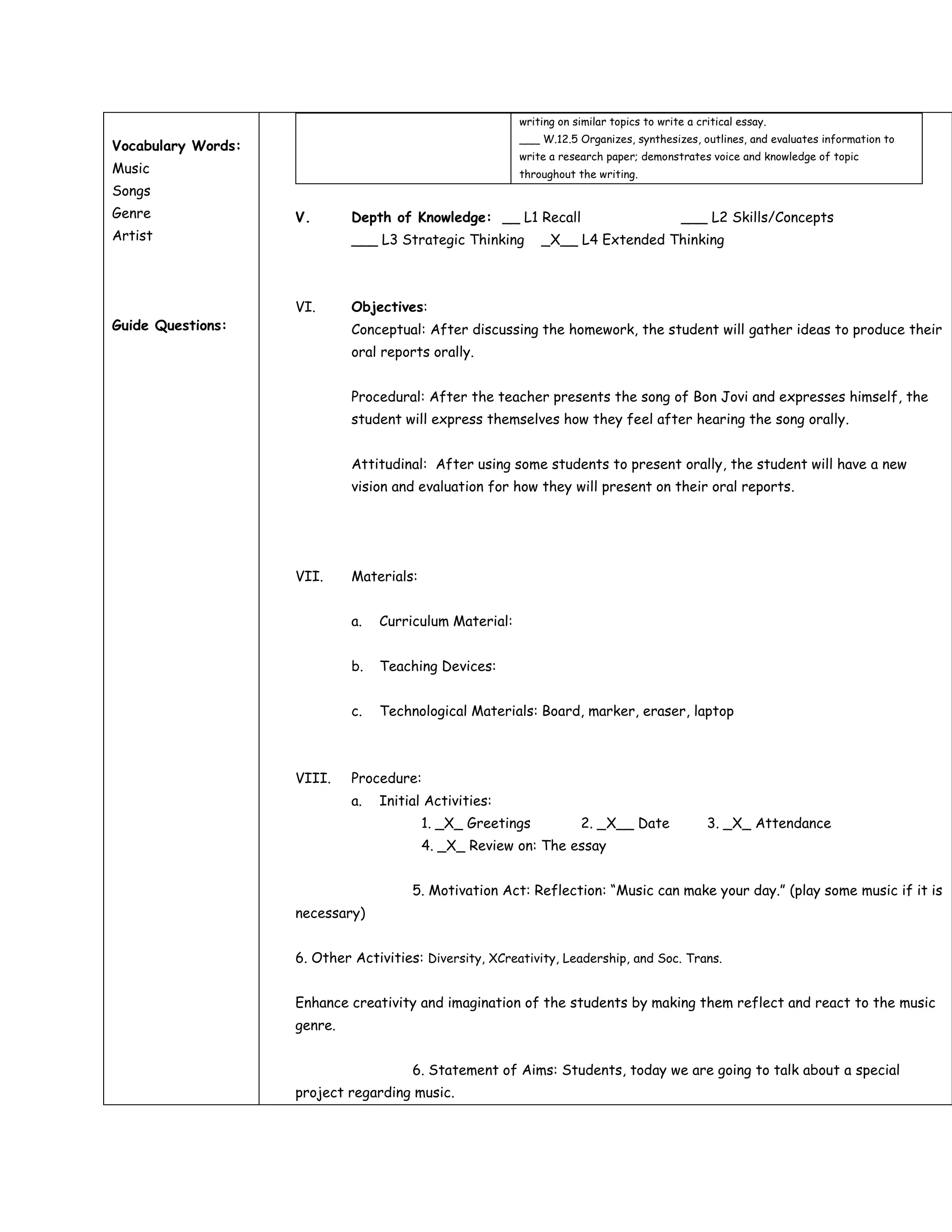 Lesson plan application 2 | DOCX | Homework and Study | Education