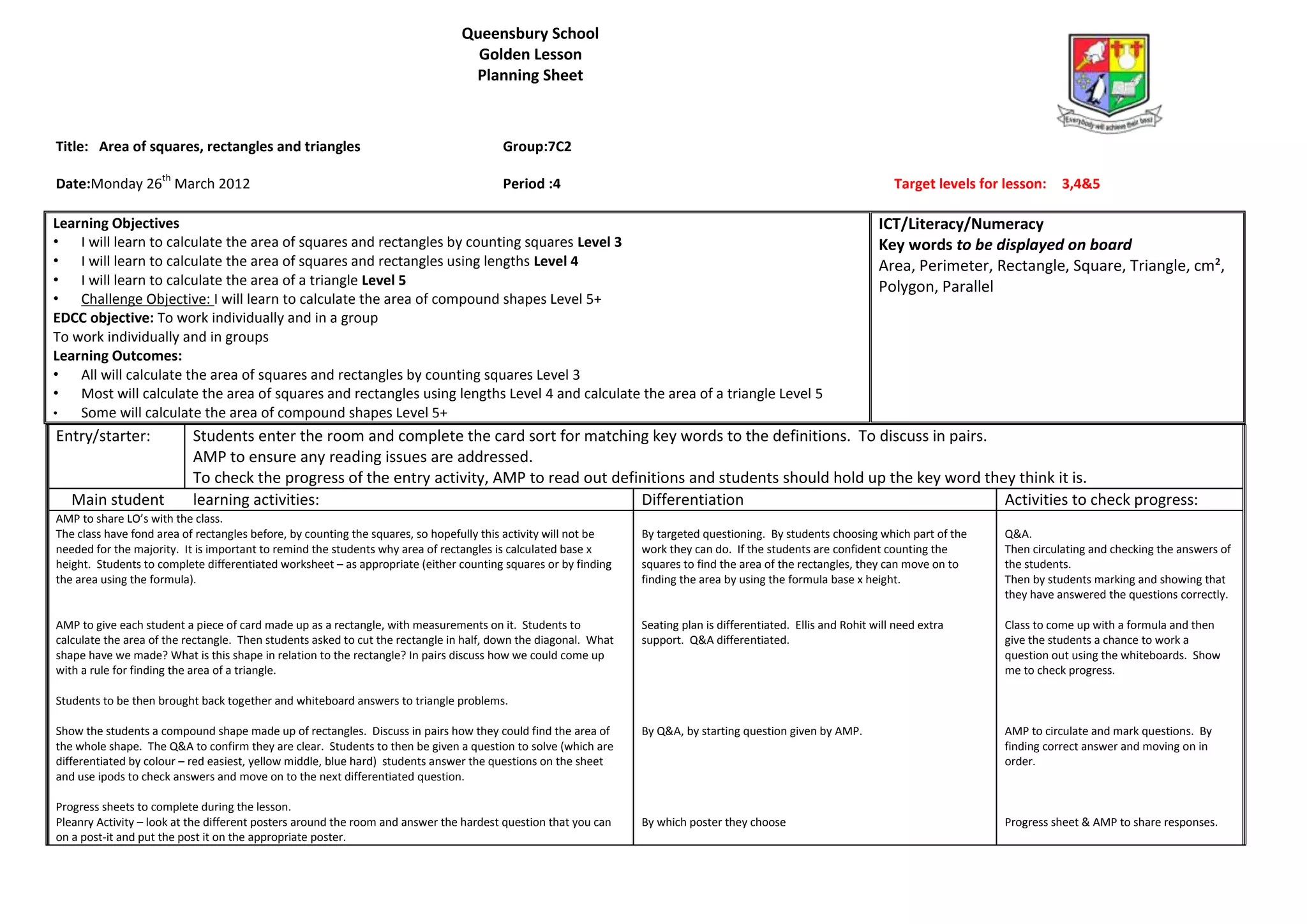 Lesson plan area of rectangles, triangles and compund shapes basic | PPT