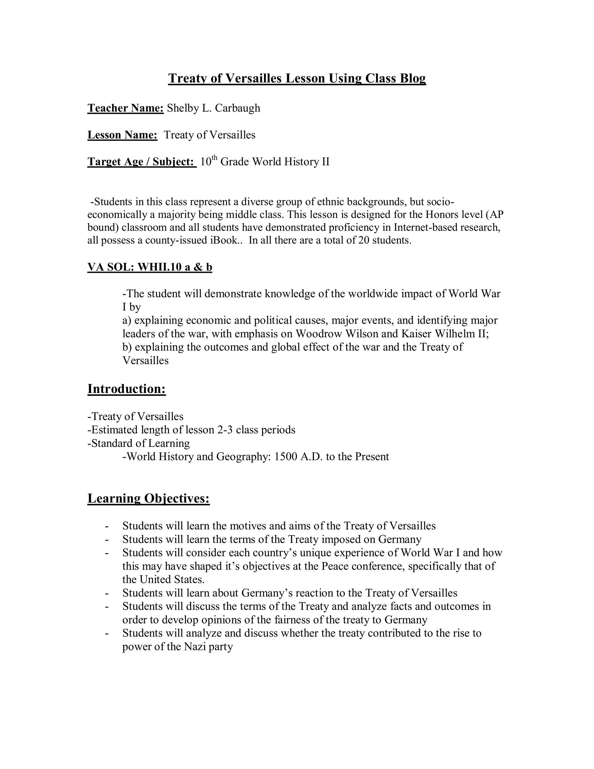 Lesson Plan B Treaty Of Versailles | PDF