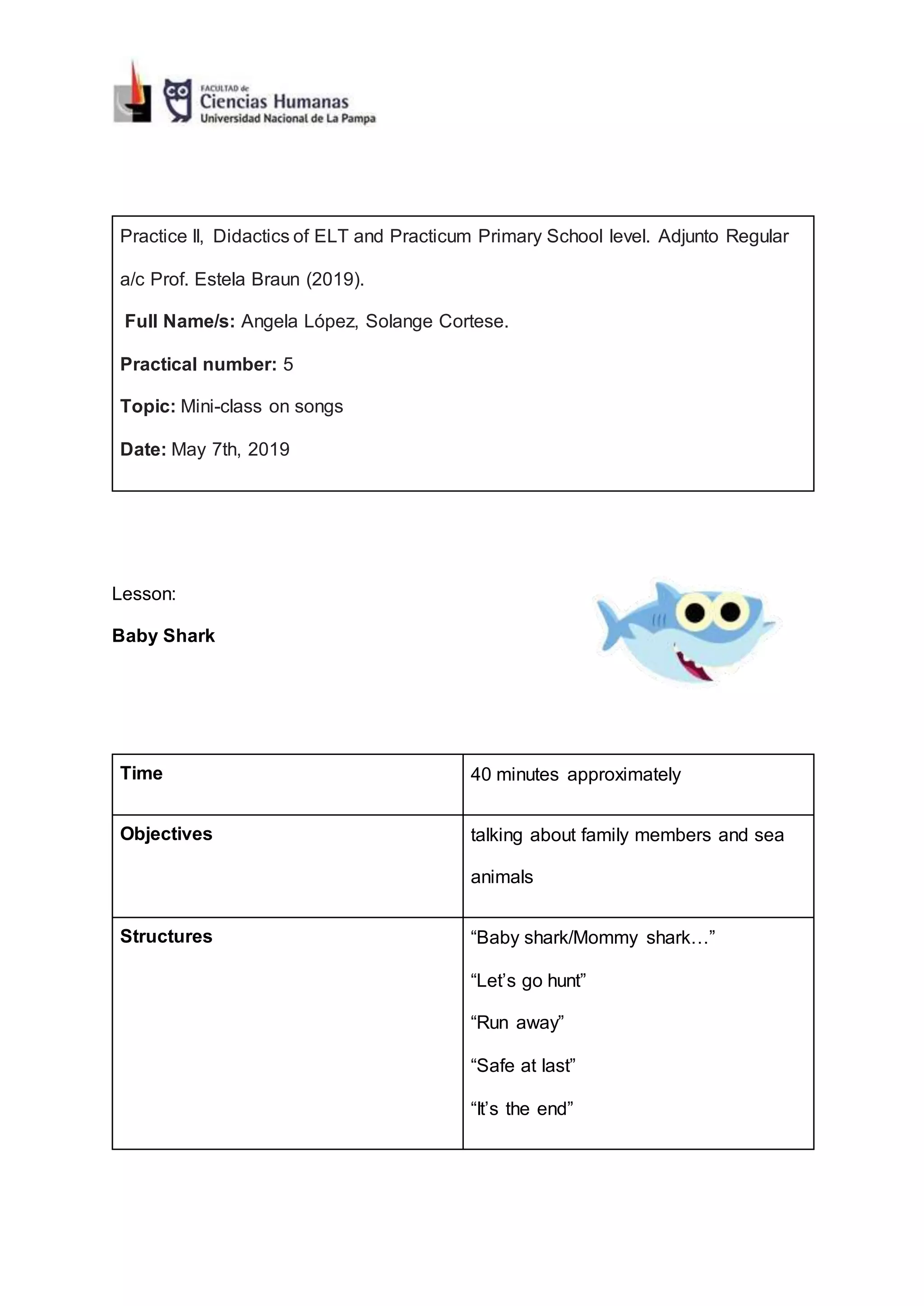 Lesson plan Baby Shark | DOCX