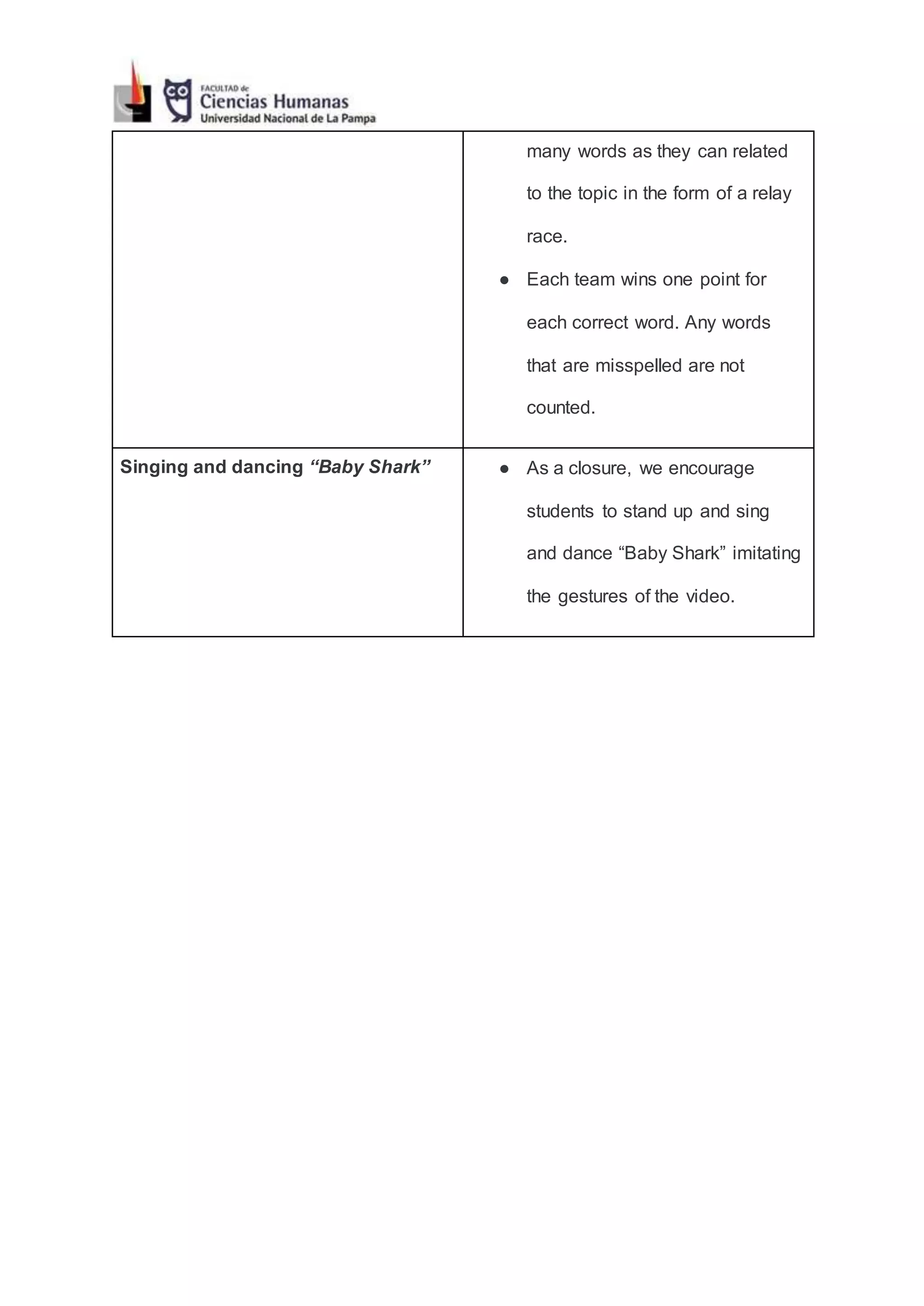 Lesson plan Baby Shark | DOCX