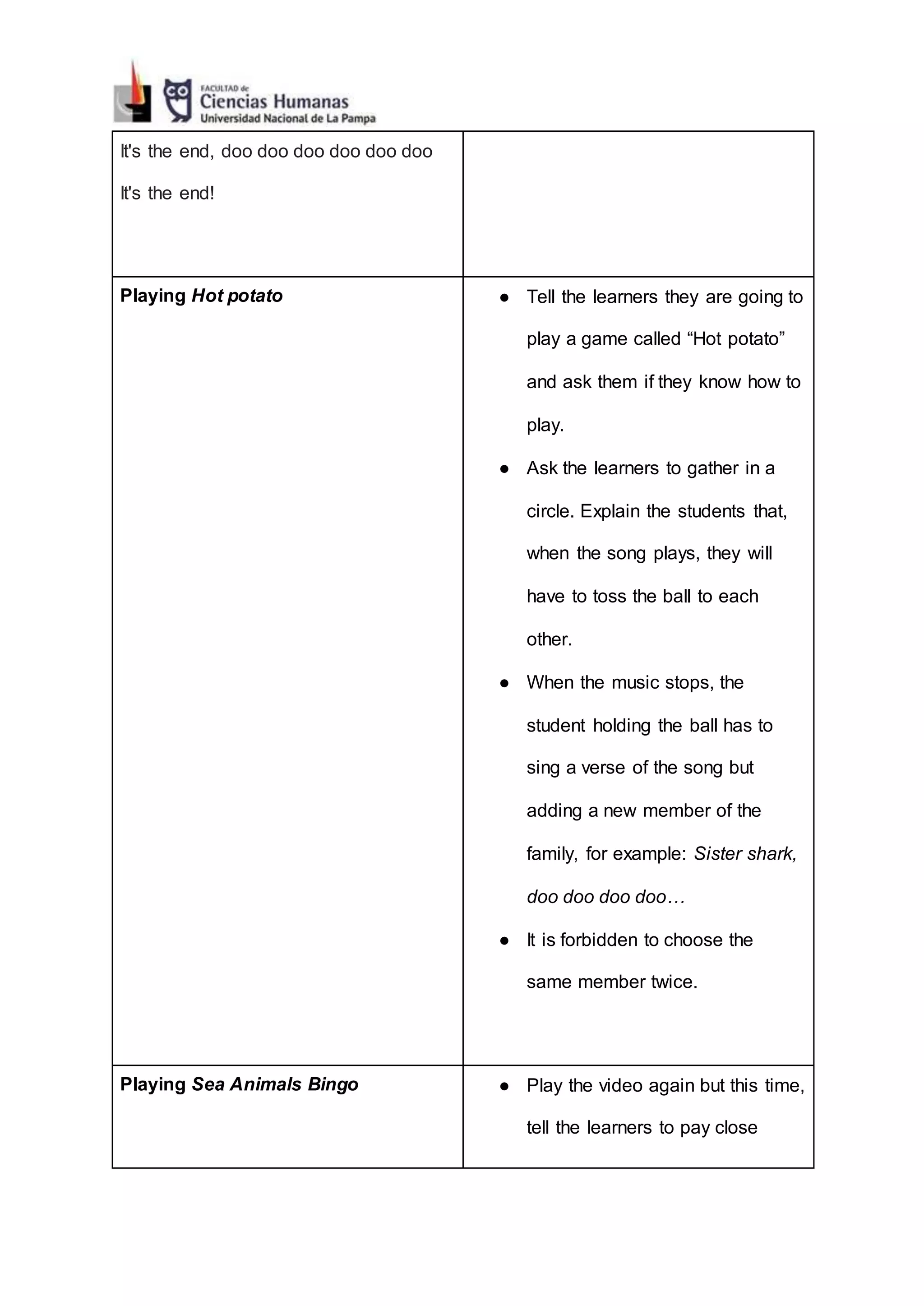 Lesson plan Baby Shark | DOCX