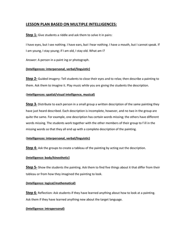 Lesson plan based on multiple intelligences | PDF