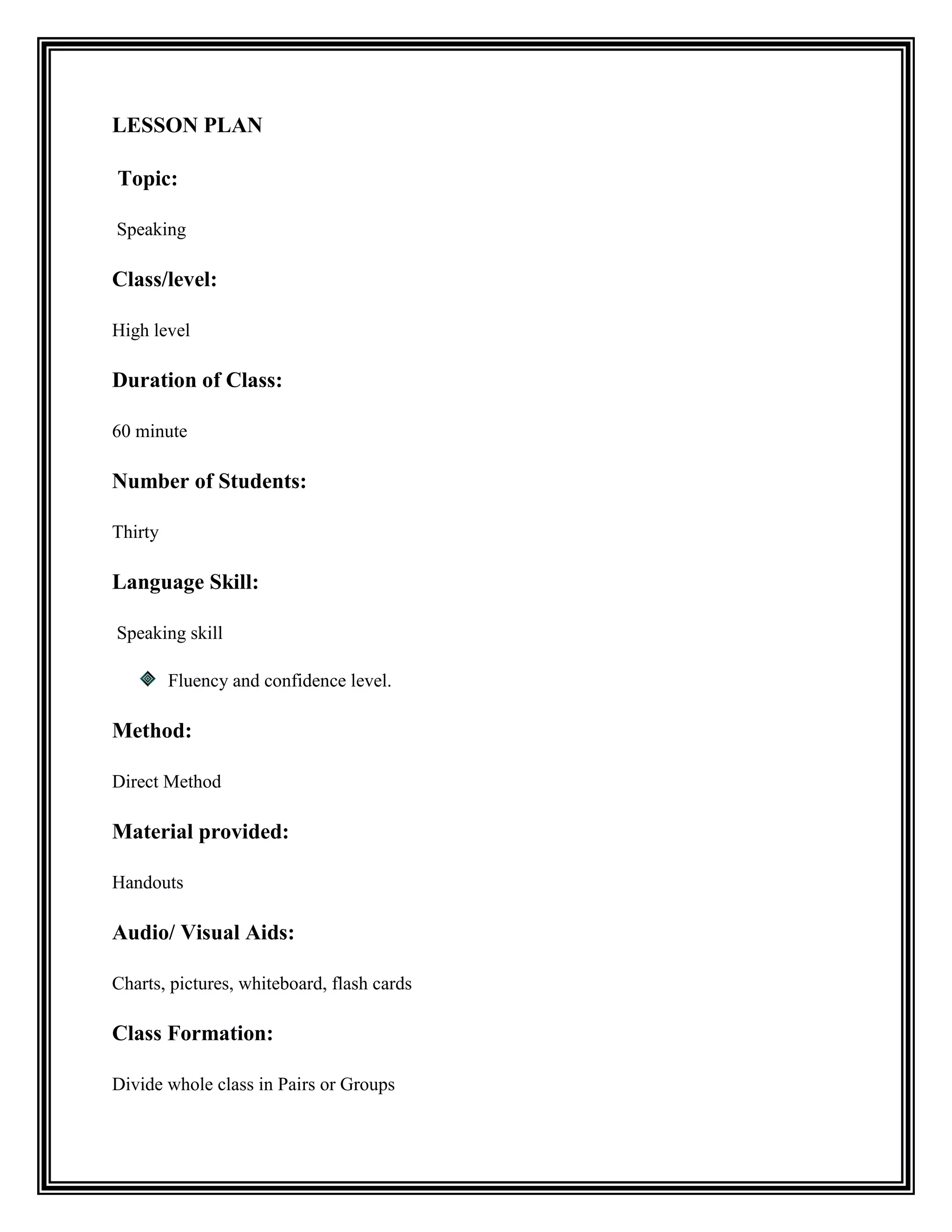 Lesson plan FOR speaking skills | DOCX