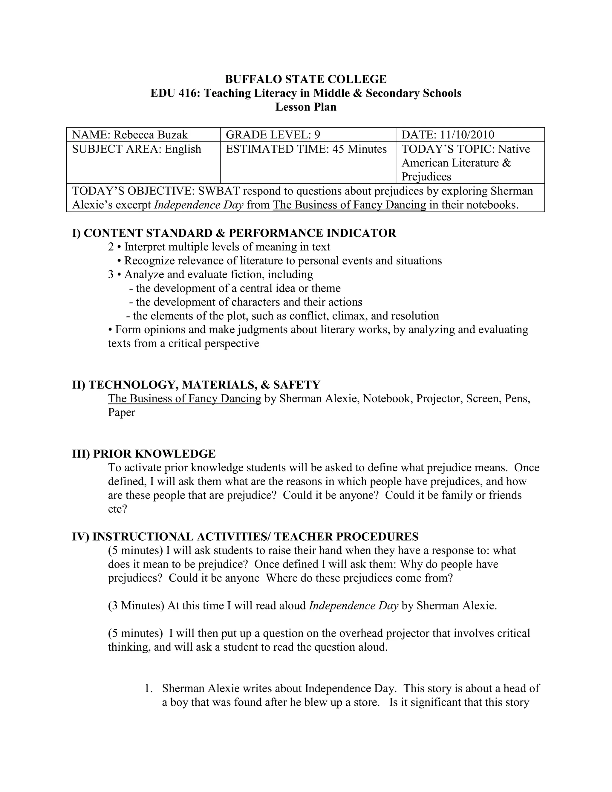 Lesson plan business of fancy dancing | DOCX