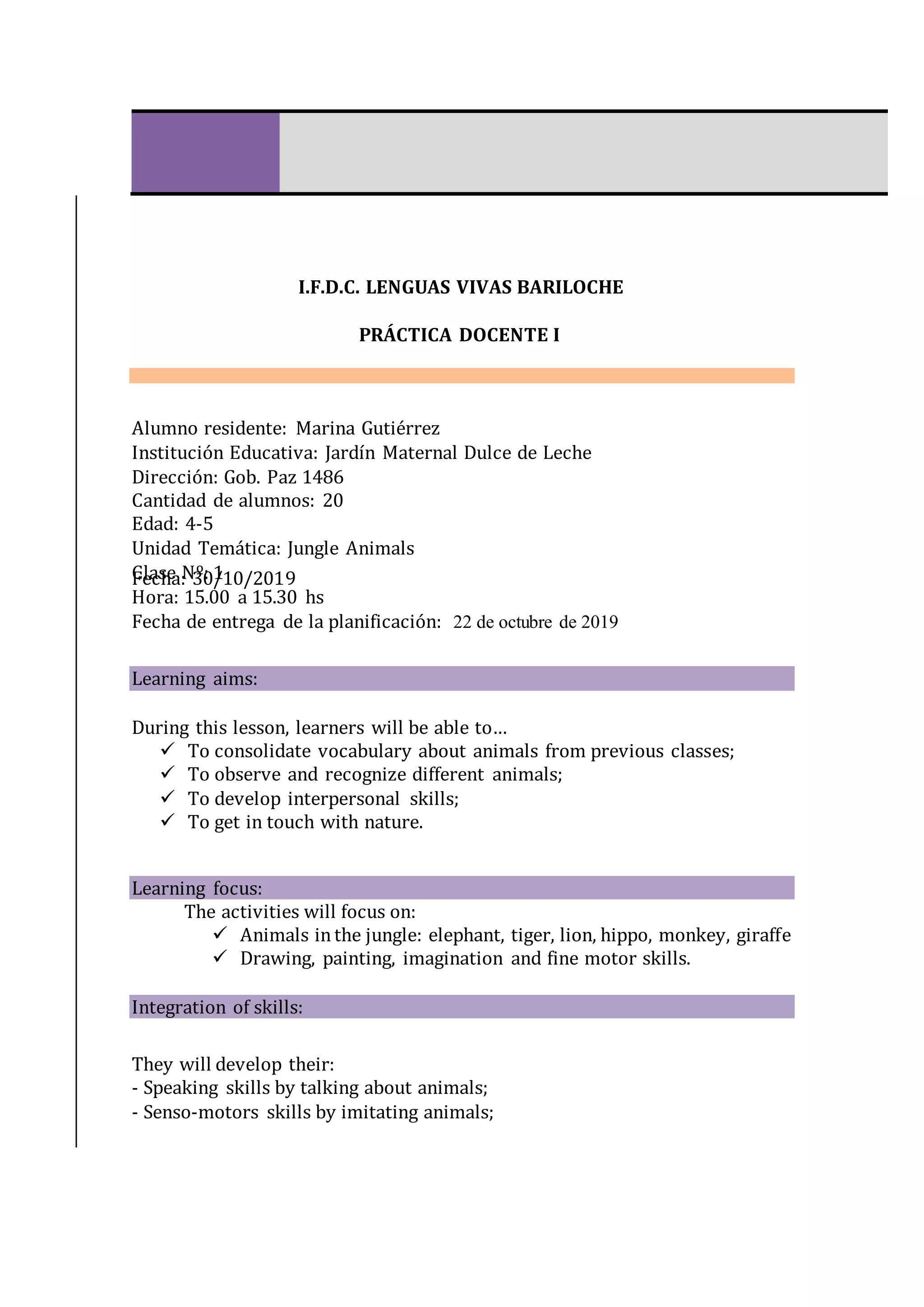 Lesson plan class 1 and 2 marina gutierrez - revise | PDF