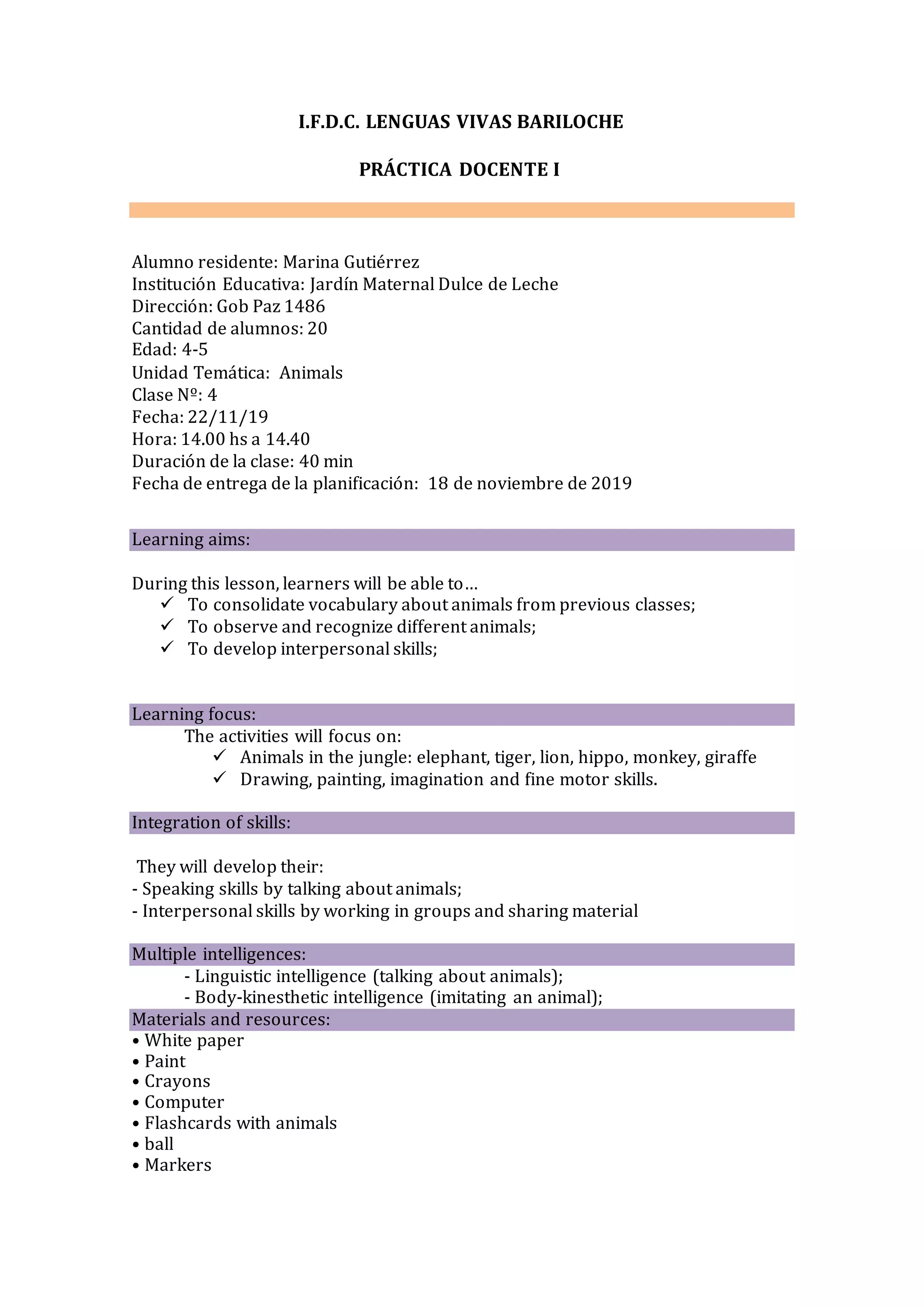 Lesson plan class 4 marina gutierrez p | PDF