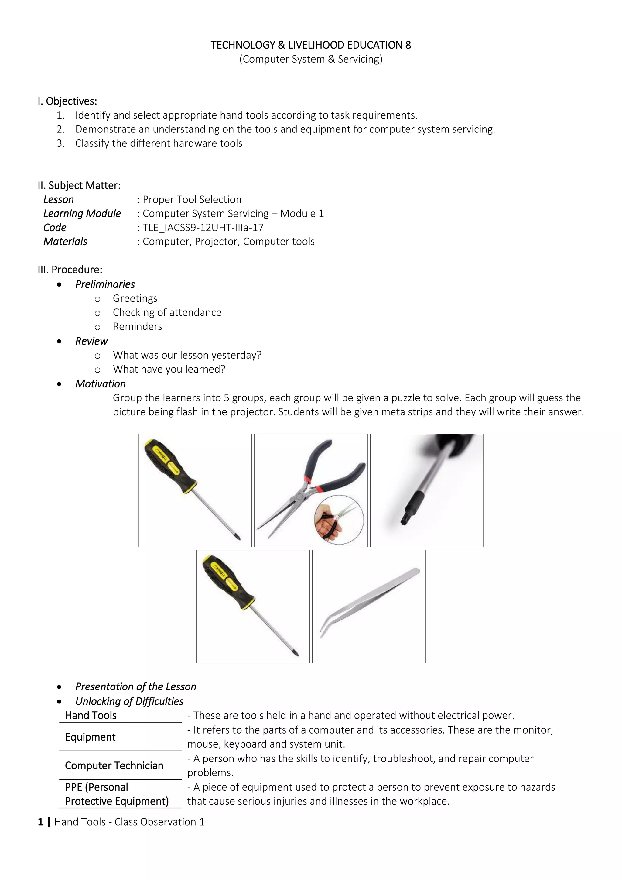 Computer Hand Tools_Lesson Plan | PDF