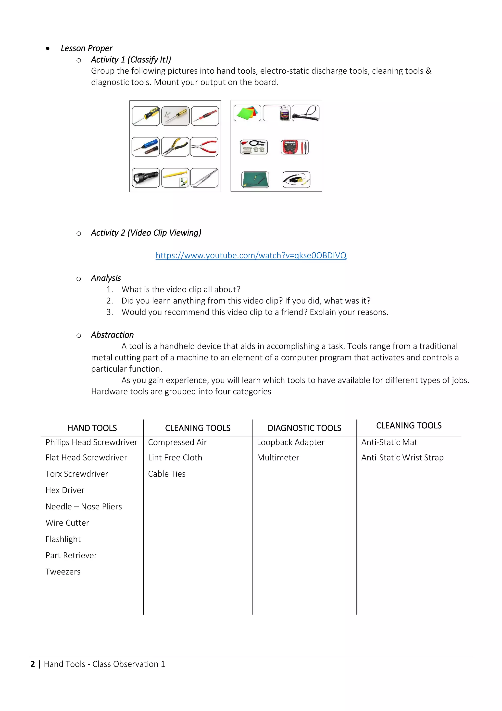Computer Hand Tools_Lesson Plan | PDF