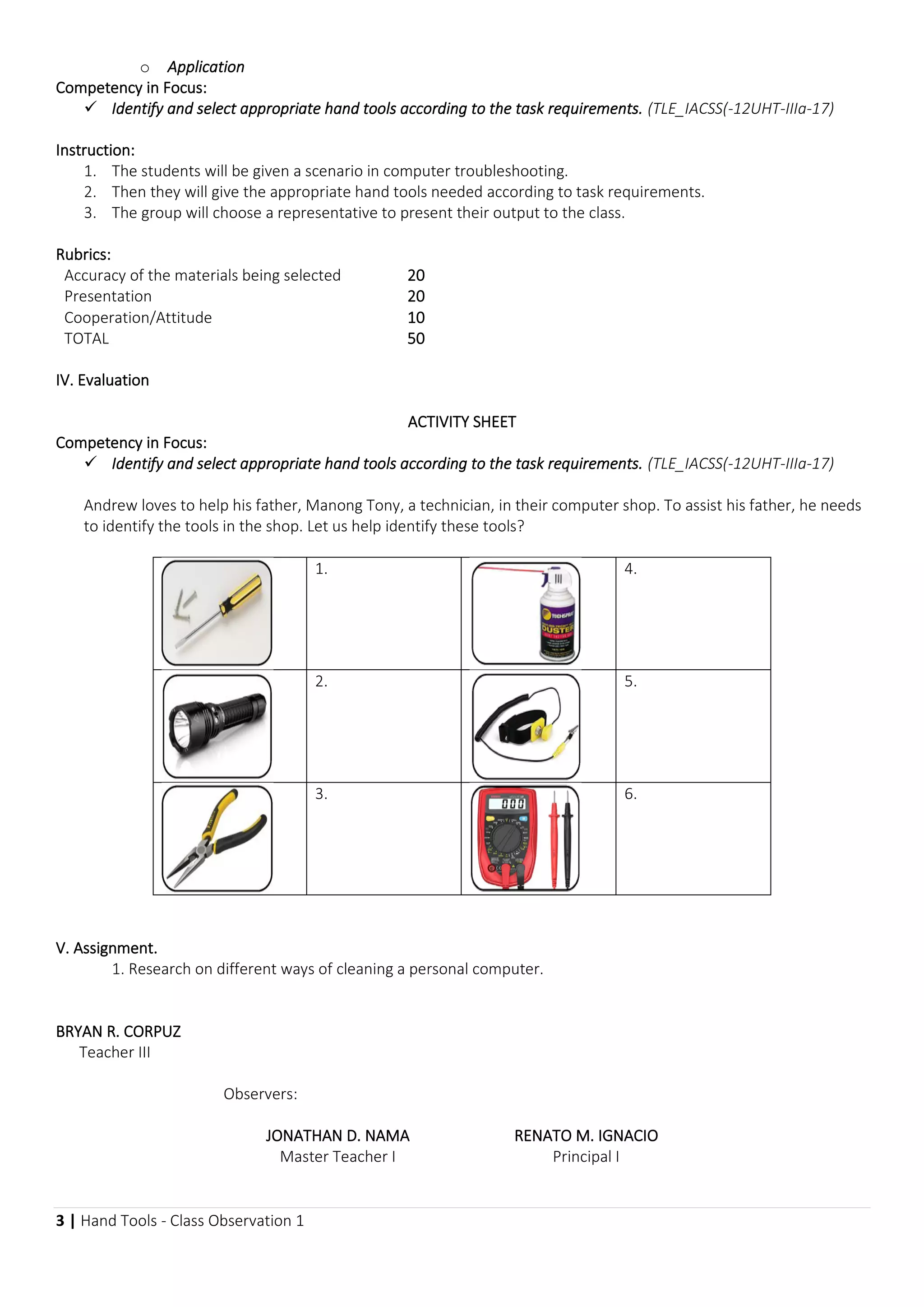 Computer Hand Tools_Lesson Plan | PDF