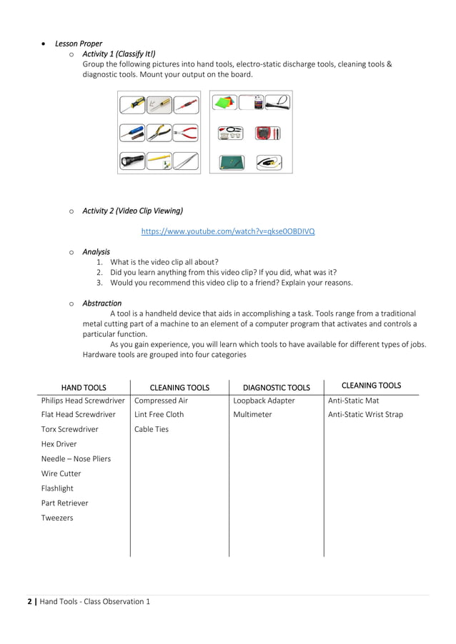 Computer Hand Tools_Lesson Plan | PDF