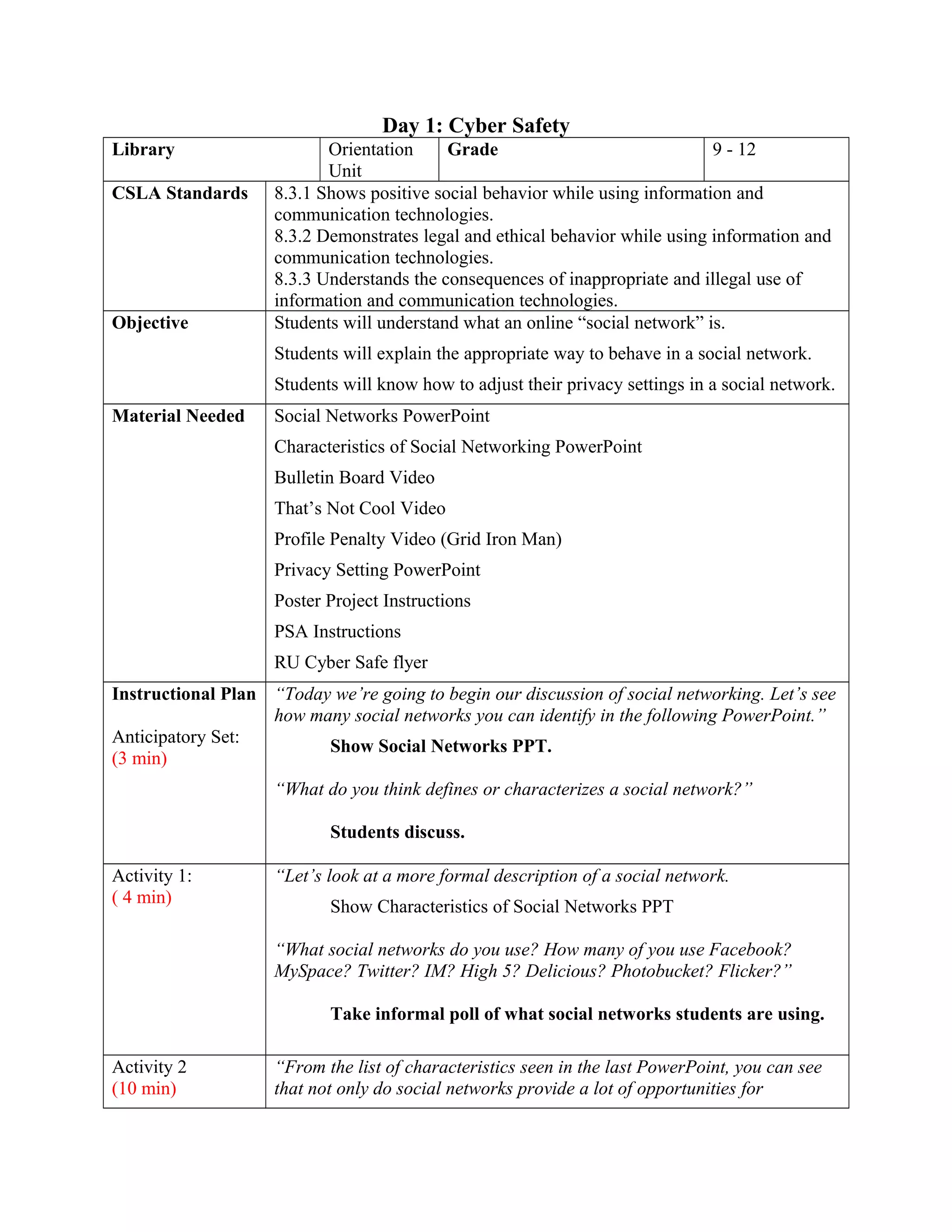 Lesson plan day 1 | DOC