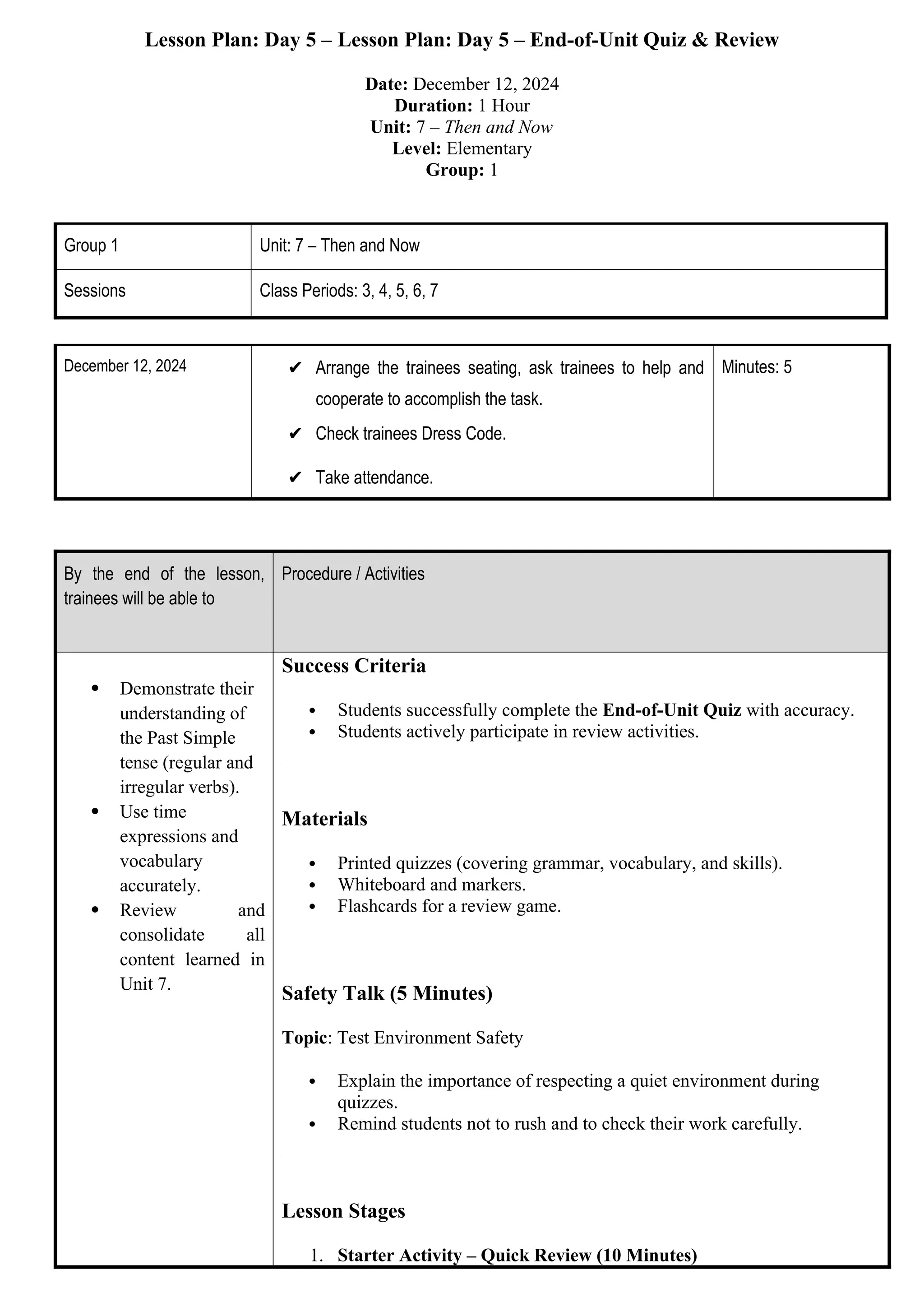 Safety Instructions Daily safety talk for class guidelines. | DOCX