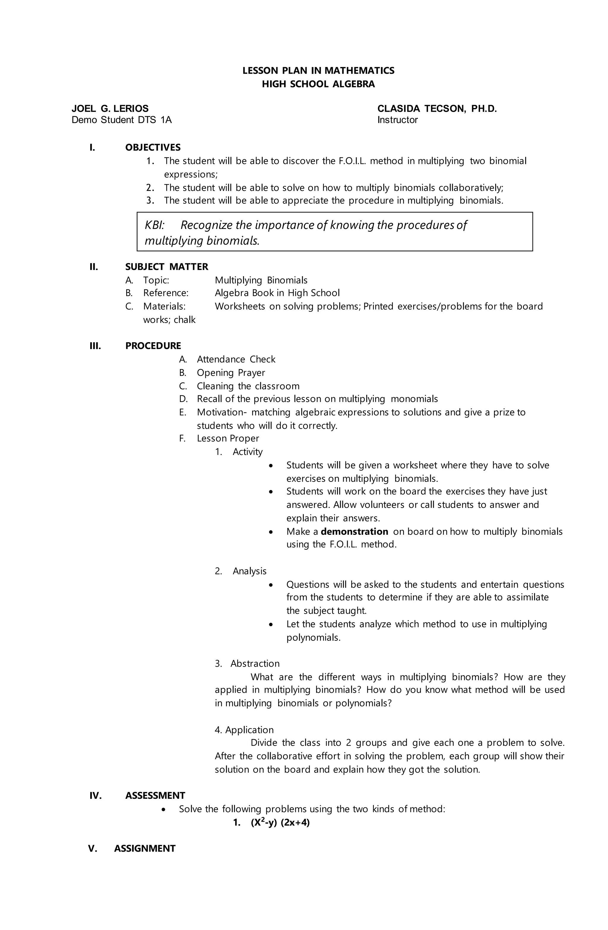 Lesson plan demo in algebra facilitating in learning | DOCX