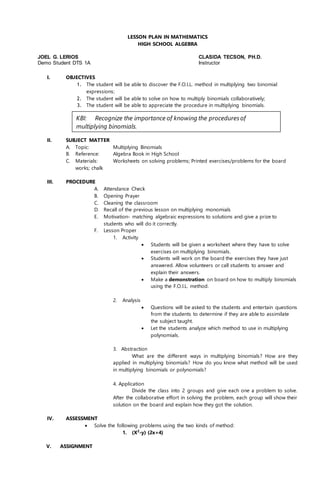 Lesson plan demo in algebra facilitating in learning | DOCX