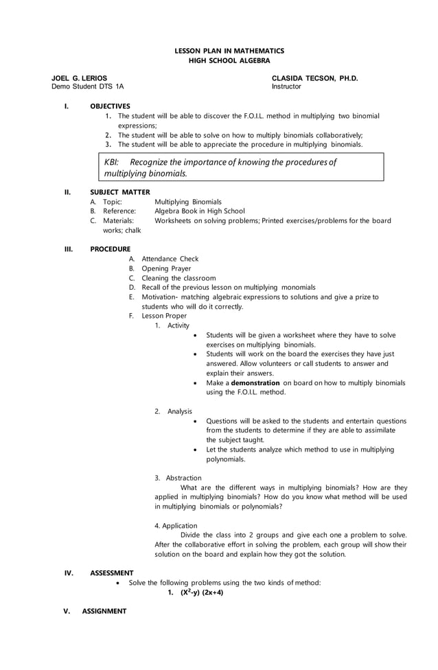 Lesson plan demo in algebra facilitating in learning | DOCX