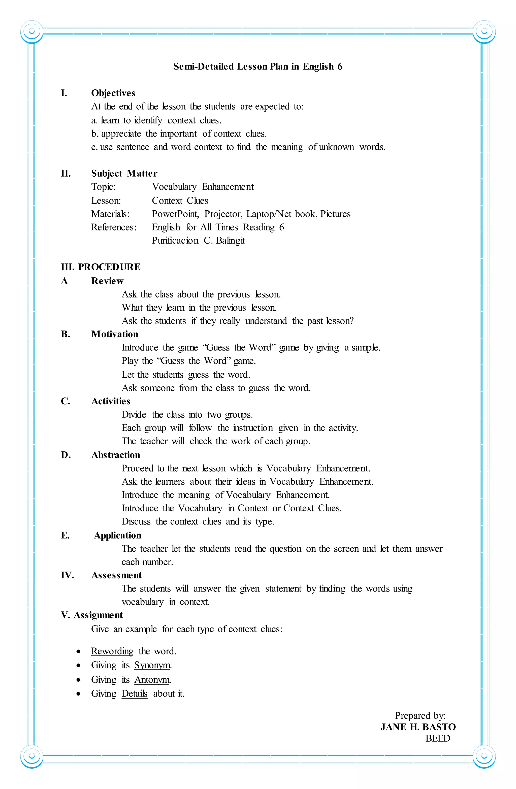4A's Lesson Plan in English 6 | DOCX