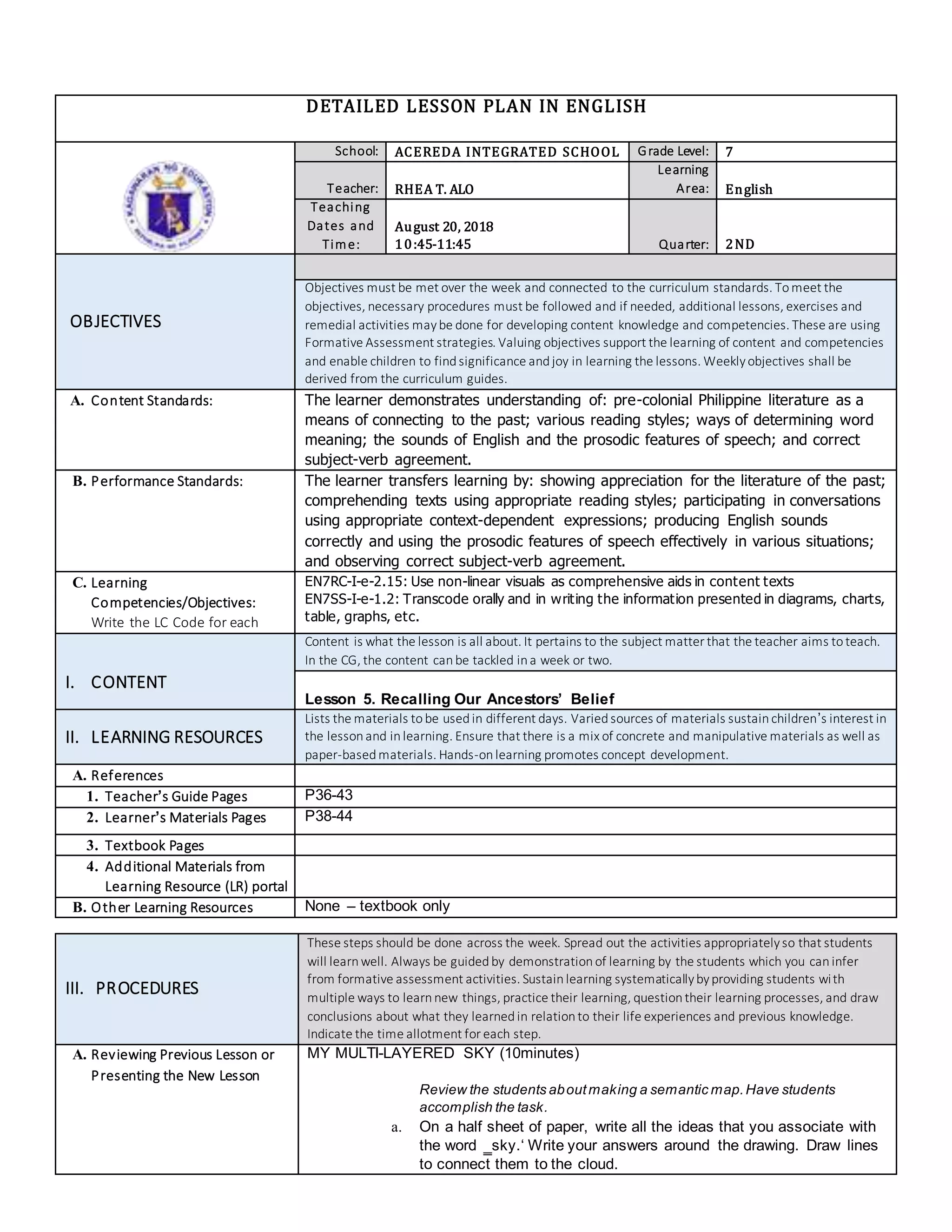 Lesson plan english 1 | DOCX