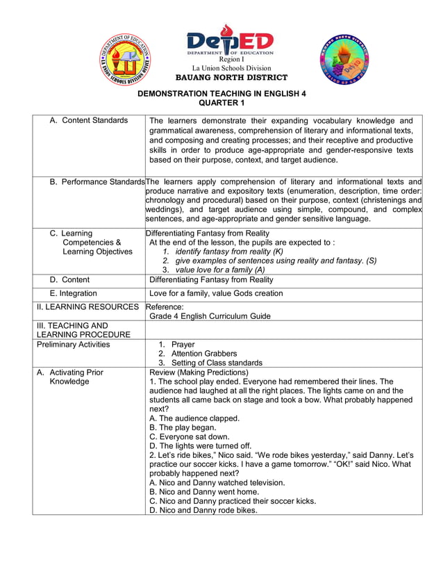 DEMONSTRATION LESSON IN ENGLISH 4 MATATAG CURRICULUM | PDF