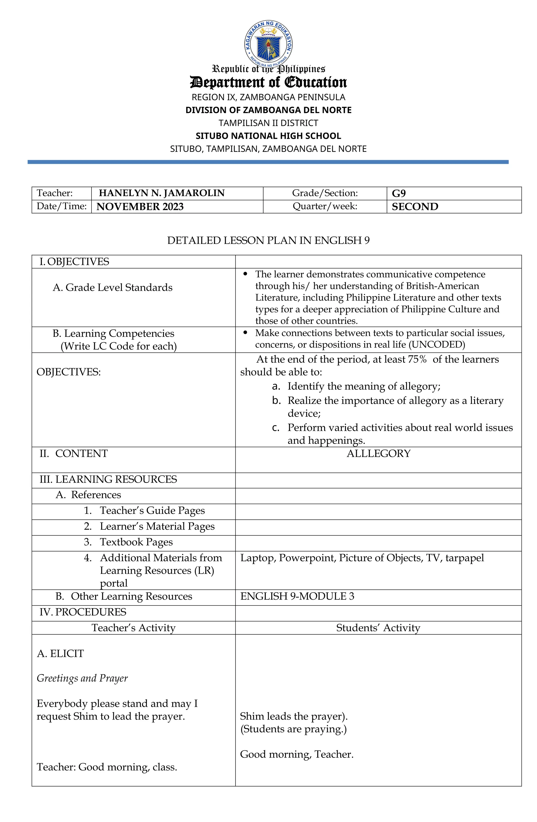 LESSON PLAN ENGLISH 9 literary device allegory | DOCX