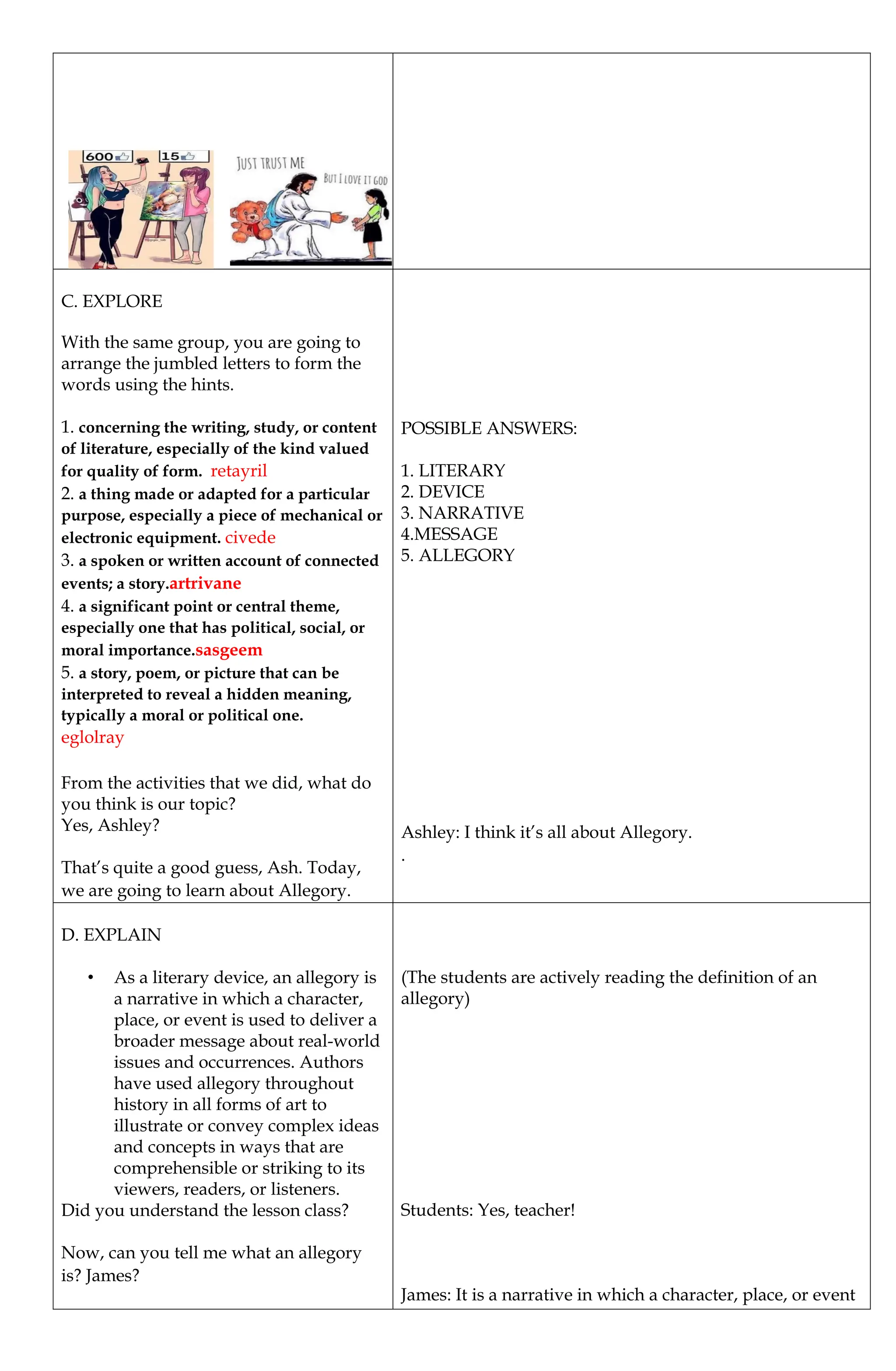 LESSON PLAN ENGLISH 9 literary device allegory | DOCX