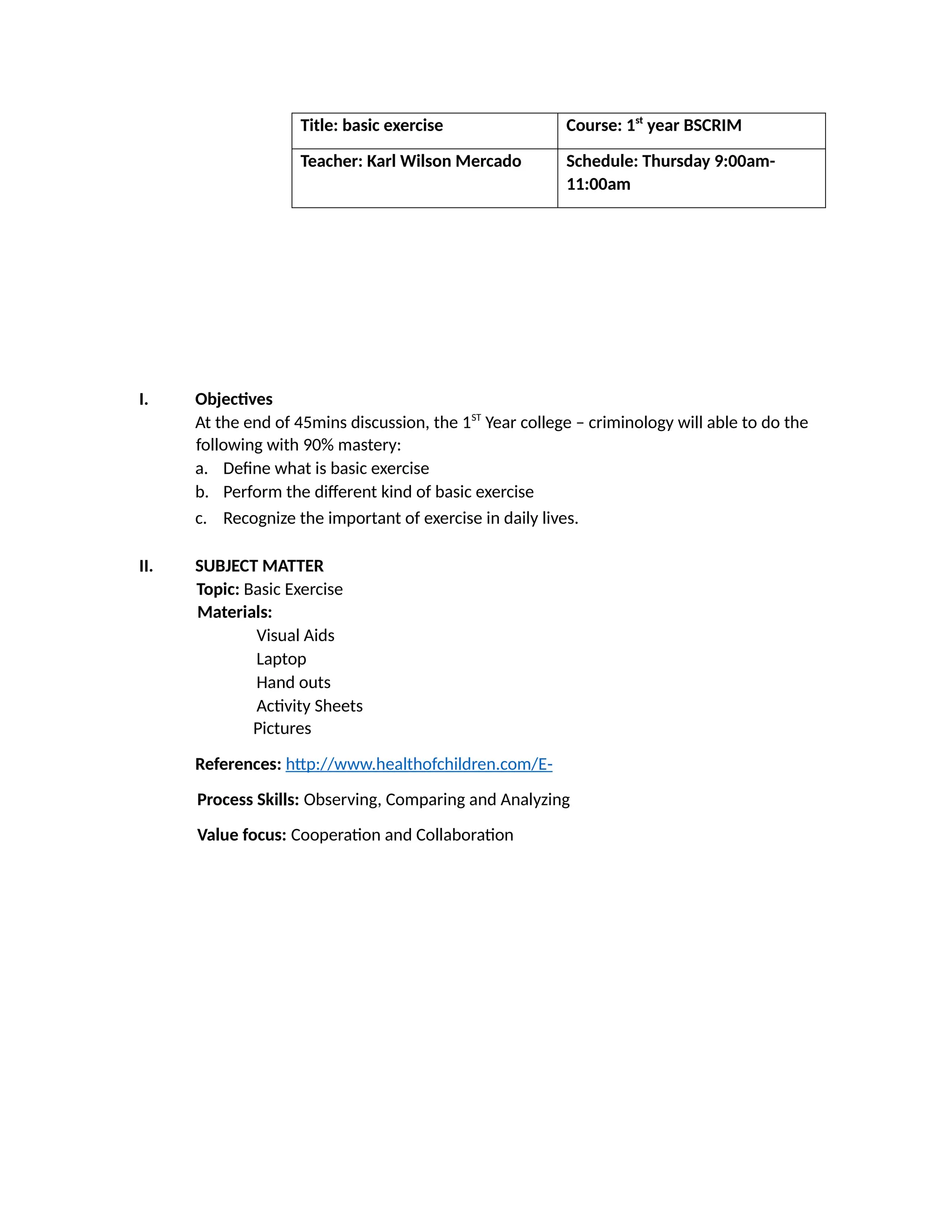 lesson plan Physical Education Exercises | DOCX