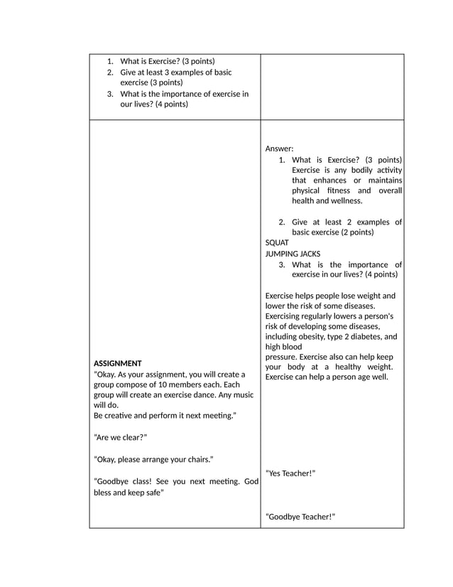 lesson plan Physical Education Exercises | DOCX