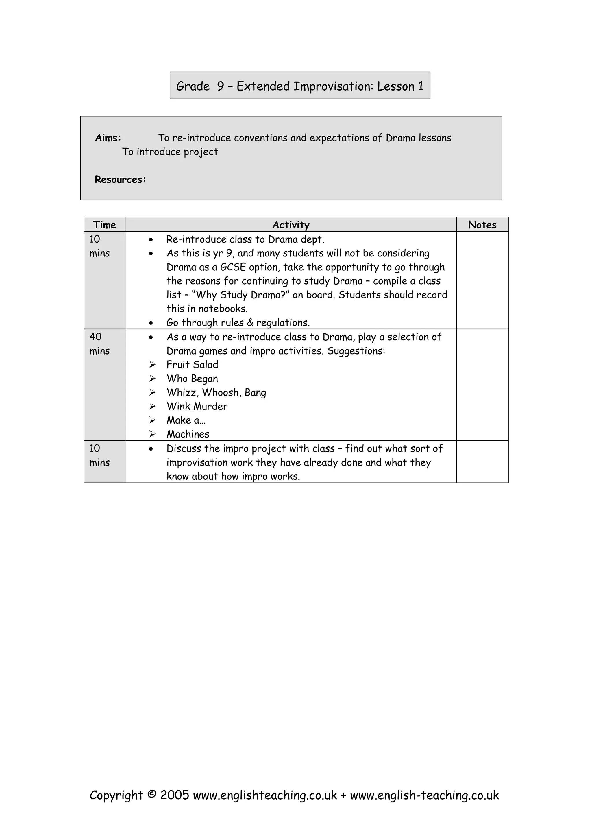 Lessonplanextendedimprovisation[1] grade 9 | DOC