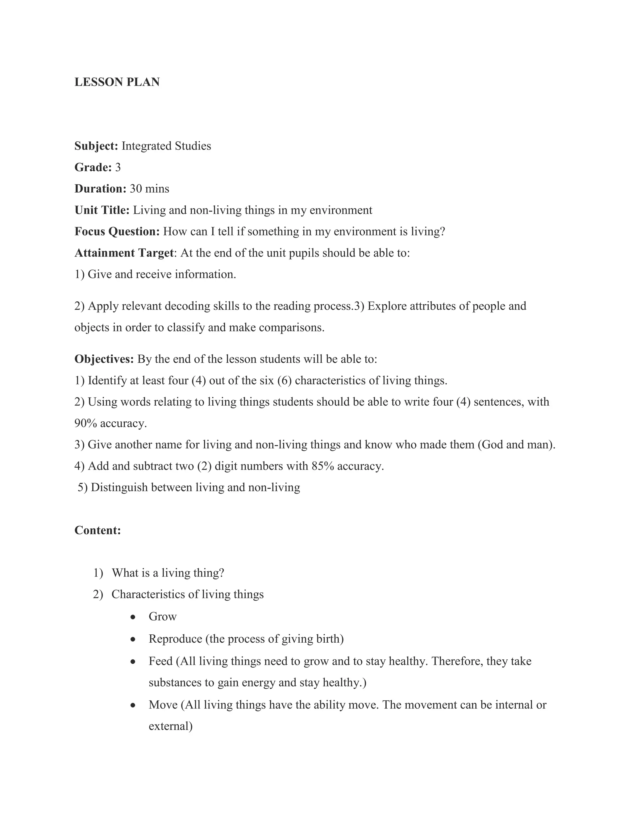 living and nonliving things Lesson plan | DOCX