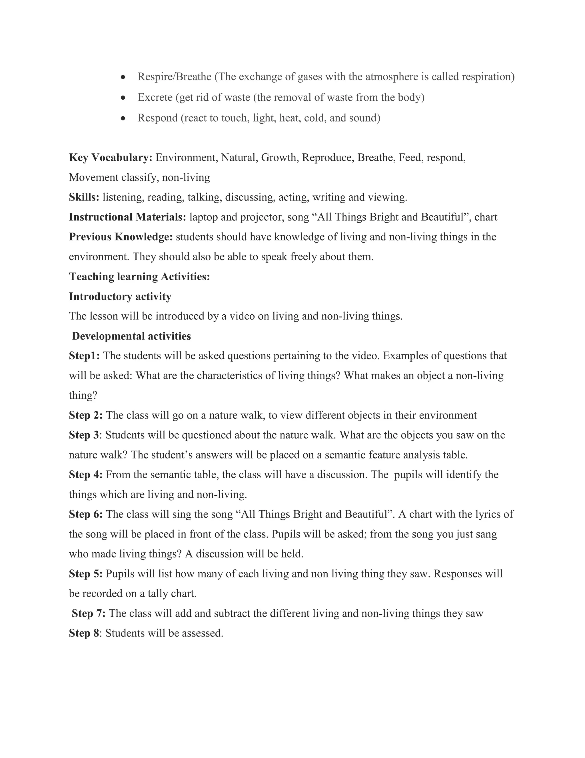 living and nonliving things Lesson plan | DOCX