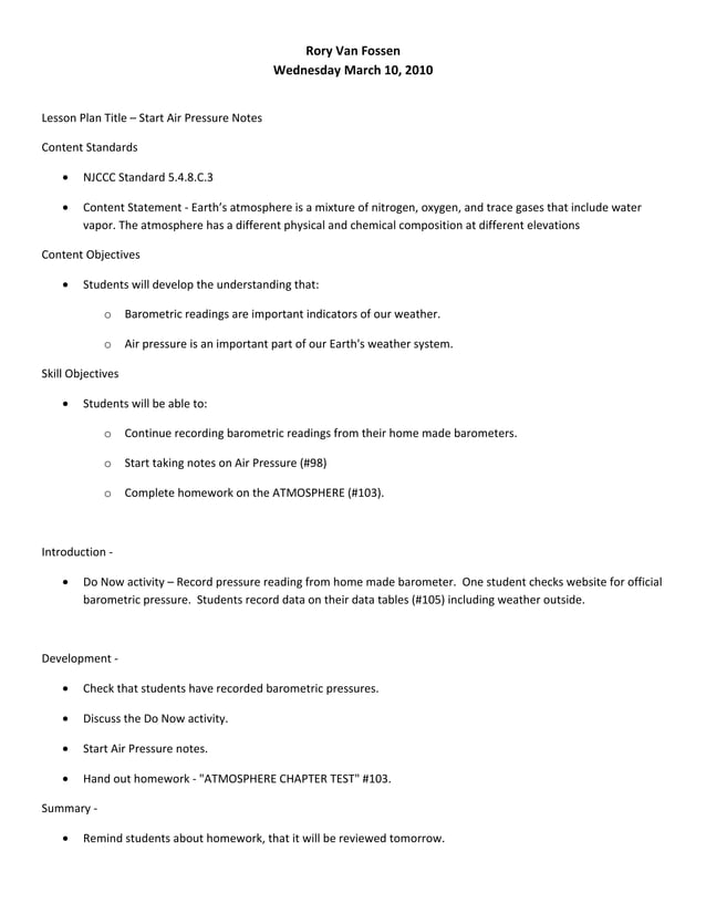 Lesson plan for air pressure notes mar 10 | DOC
