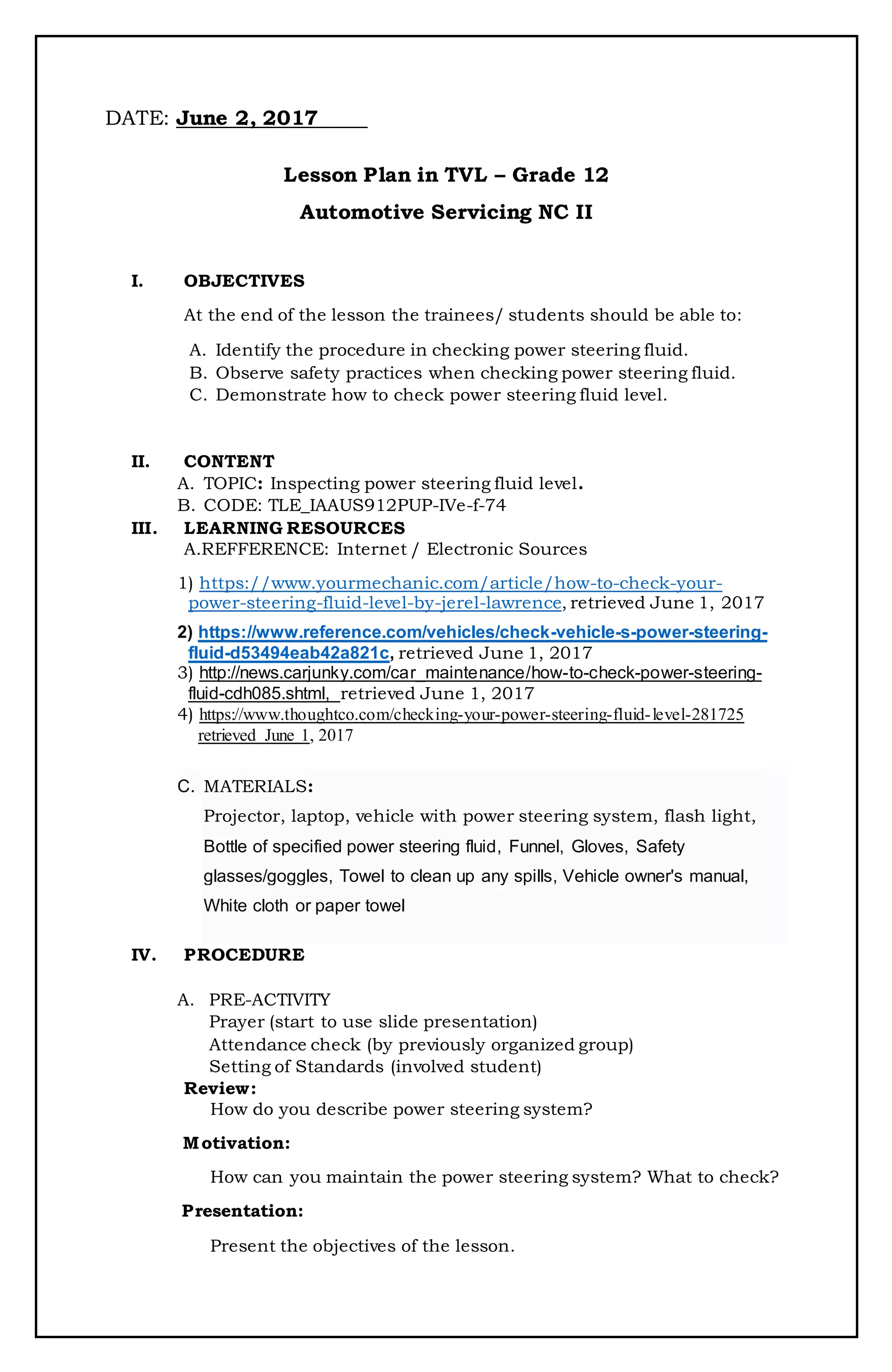 Lesson plan for automotive servicing | DOCX