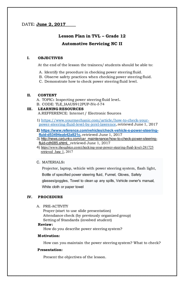 Lesson plan for automotive servicing | DOCX | Auto Safety | Automotive