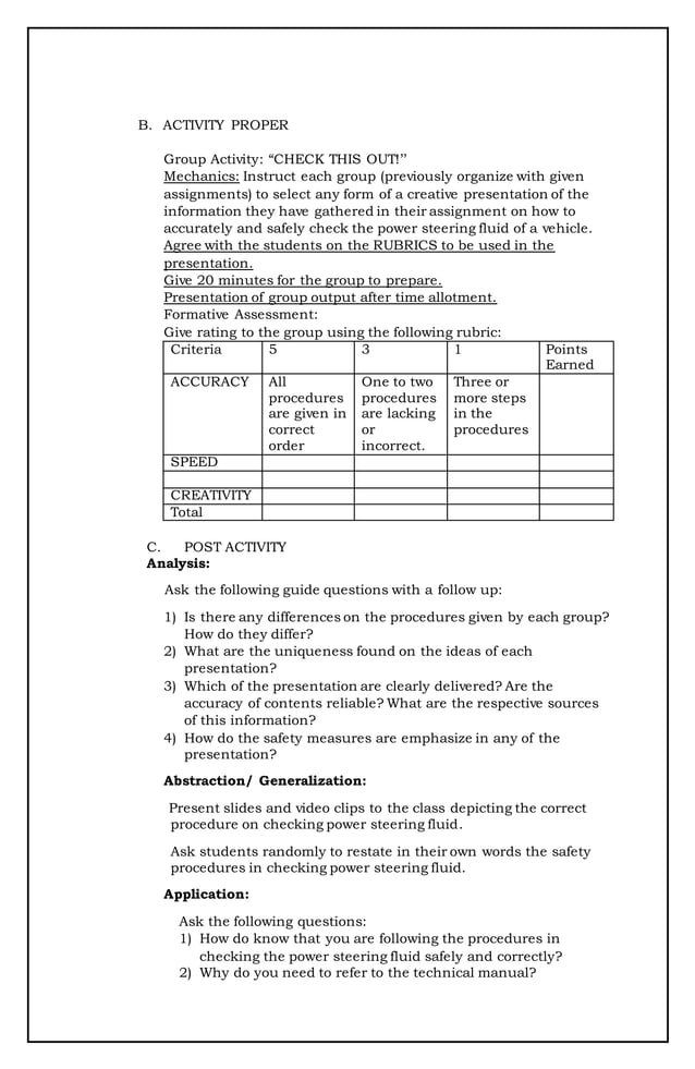 Lesson plan for automotive servicing | DOCX | Auto Safety | Automotive