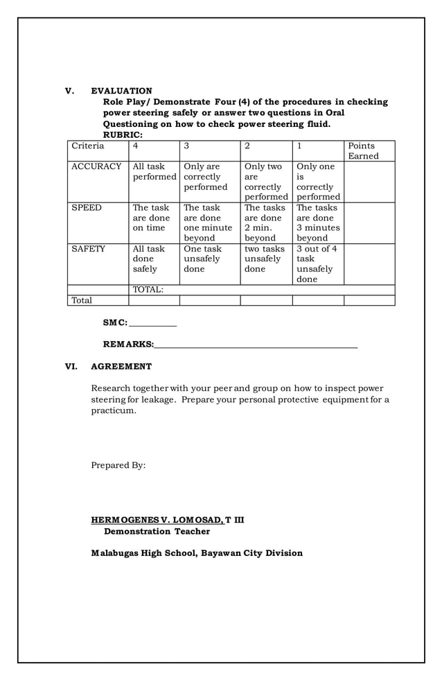 Lesson plan for automotive servicing | DOCX | Auto Safety | Automotive