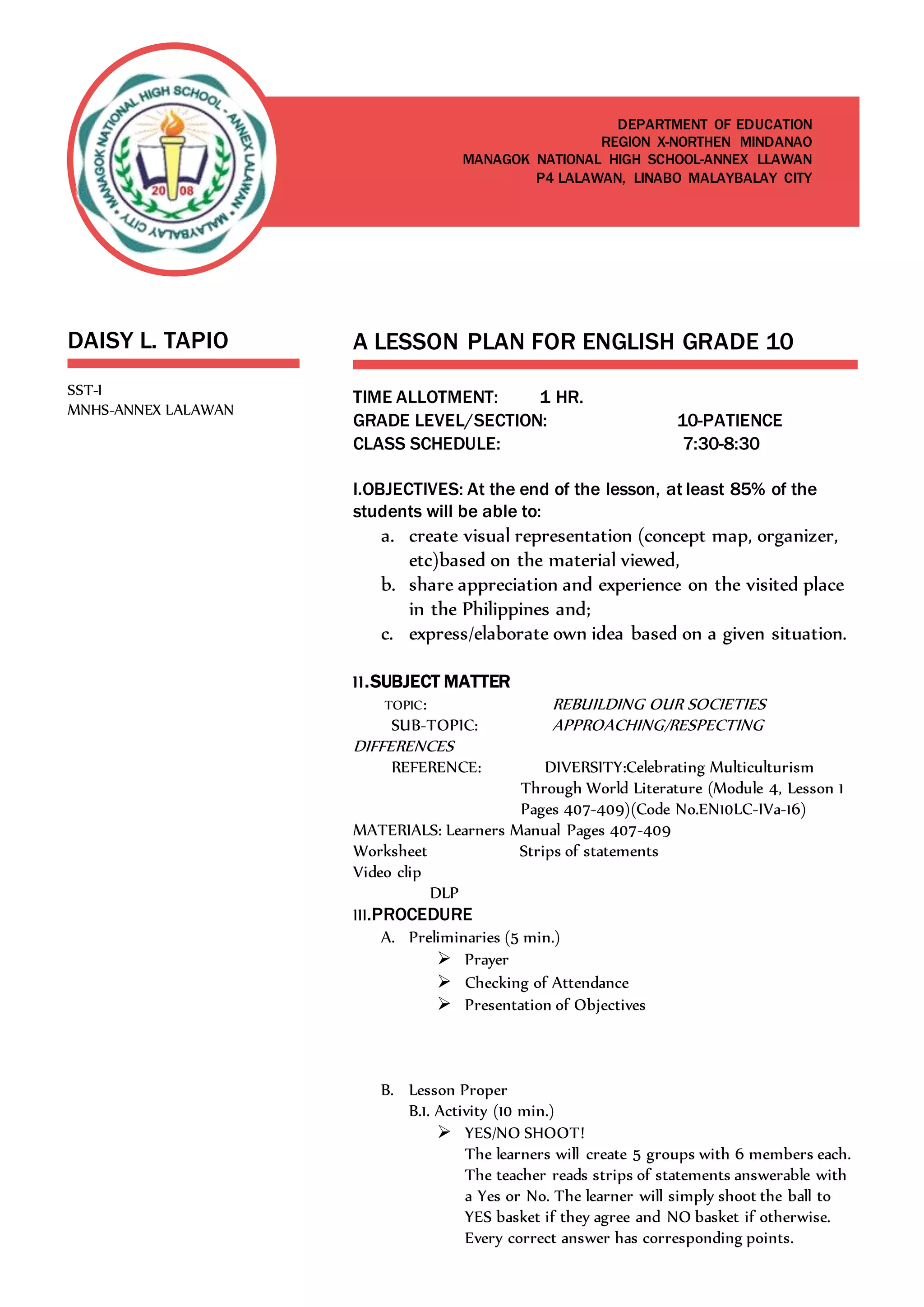 Lesson plan for english grade 10 | DOCX