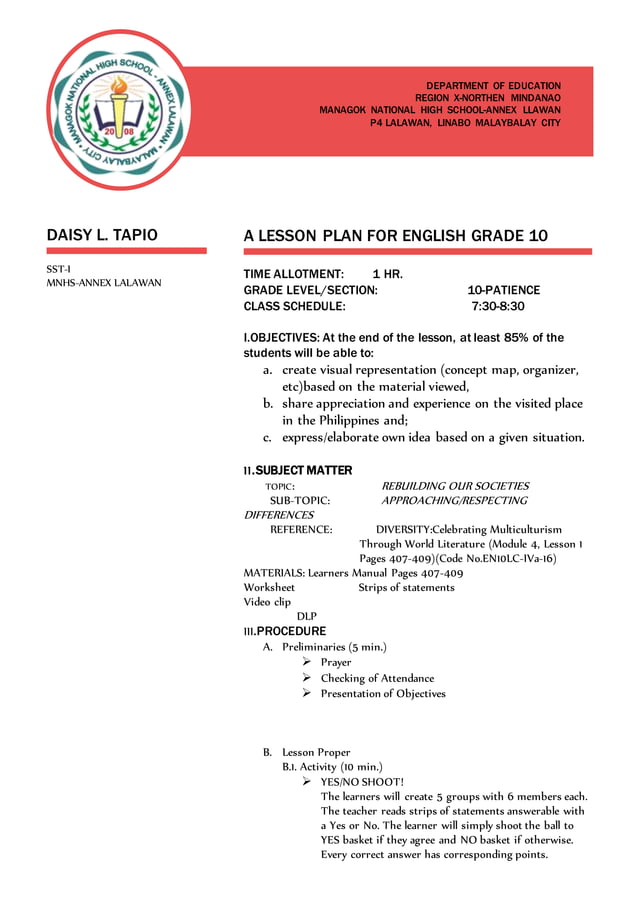 Lesson plan for english grade 10 | PDF
