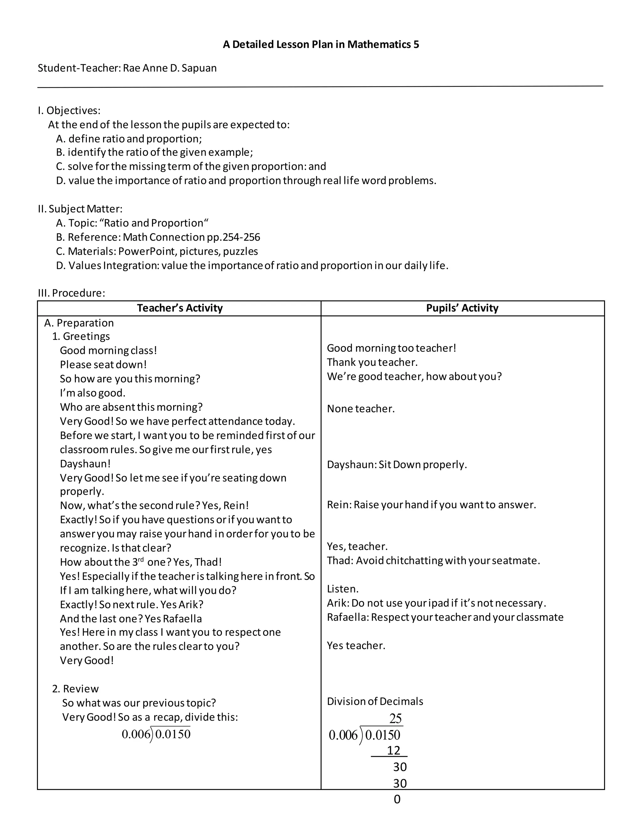 Ratio and Proportion Lesson Plan for Grade 5 | DOCX